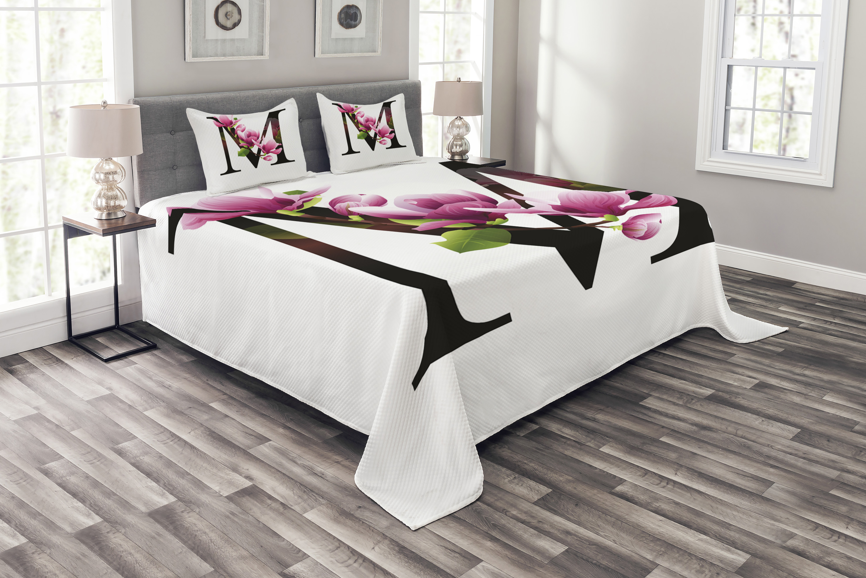 Ambesonne Letter M Quilted Bedspread Set 3 Pcs, M with Magnolia Floral ...