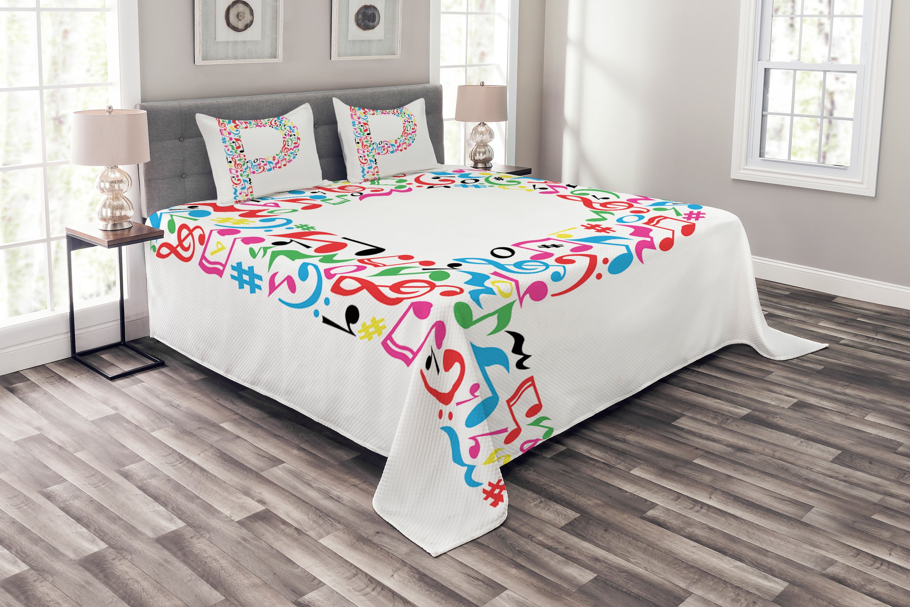 Ambesonne Letter P Quilted Bedspread Set 3 Pcs, Music Notes Uppercase ...