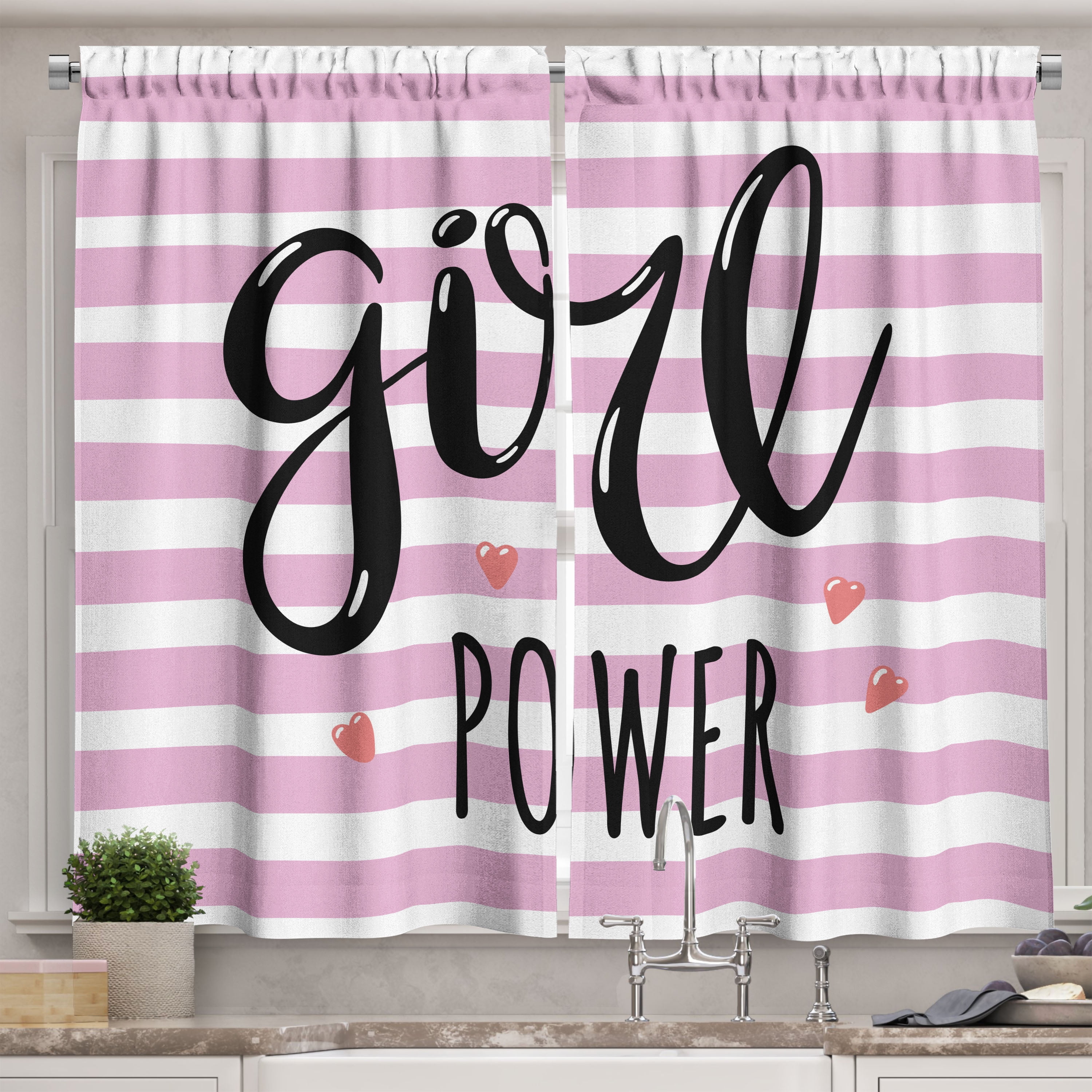 Ambesonne Lettering Kitchen Curtains, Girl Power and Hearts, 55"x45 ...