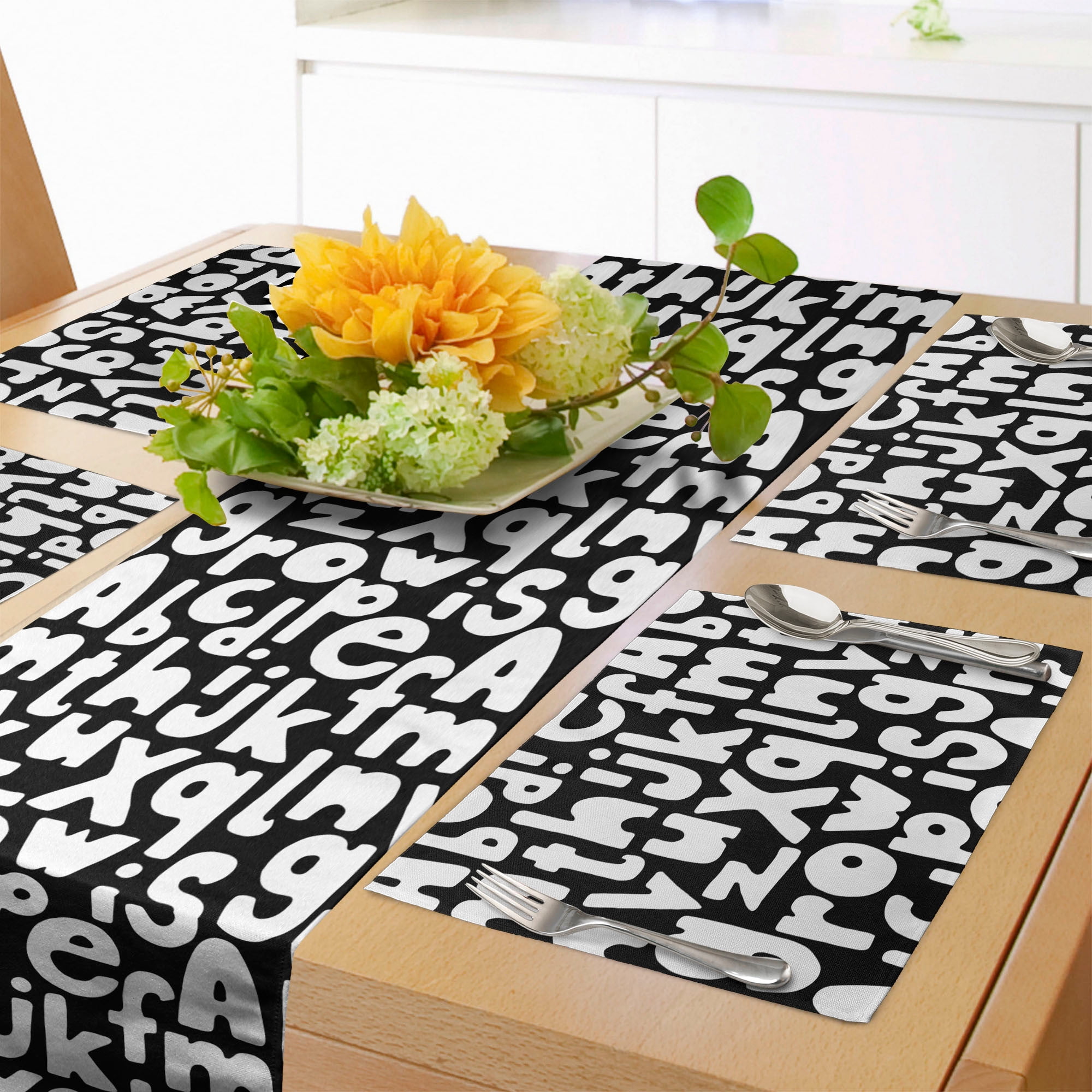 Ambesonne Letters Table Runner & Placemats, Cartoon Hand Drawn Alphabet ...