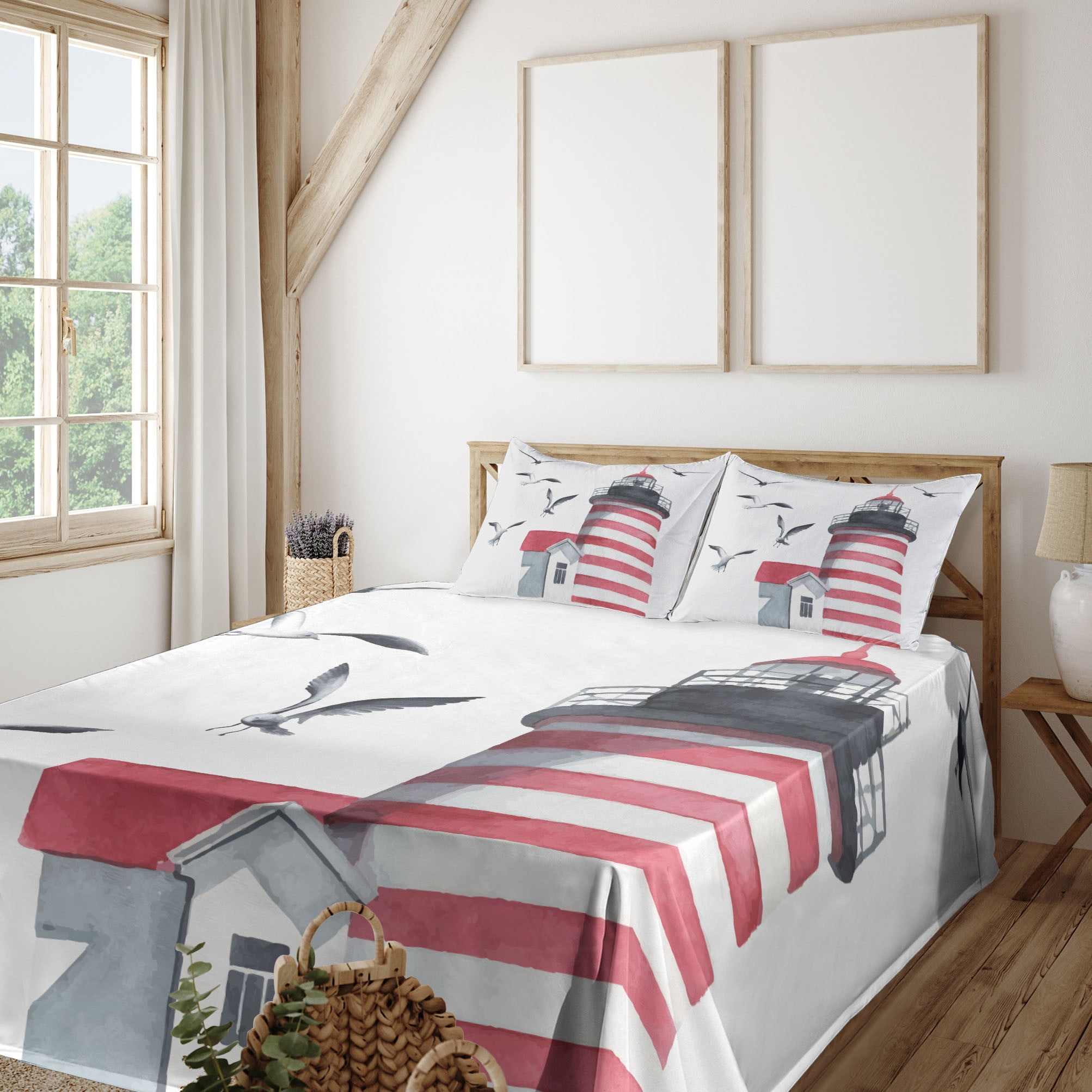 Ambesonne Lighthouse Fitted & Top Sheet Set with Shams, Seagulls Beach ...