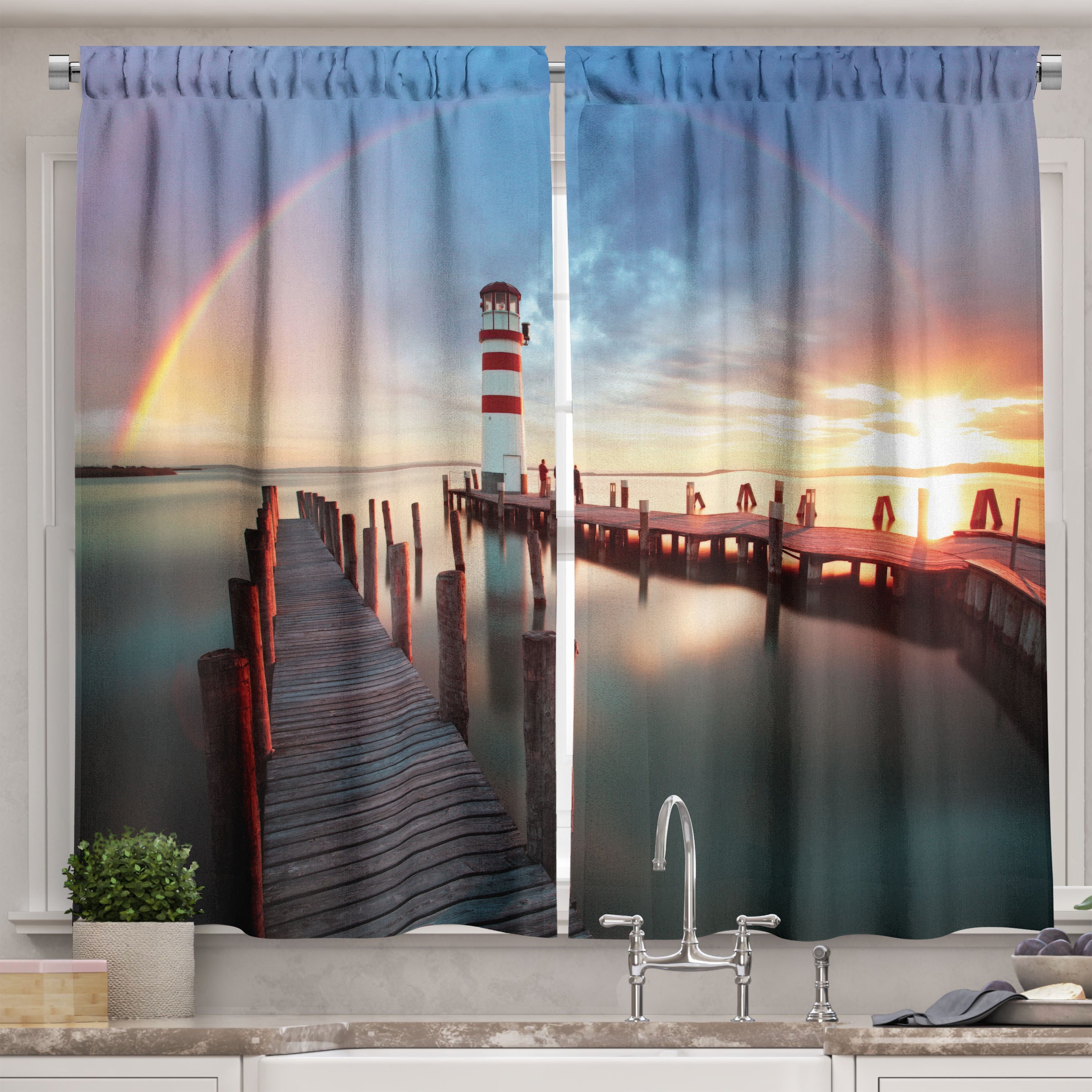Ambesonne Lighthouse Kitchen Curtains, Clouds Sunset at Sea, 55"x36 ...