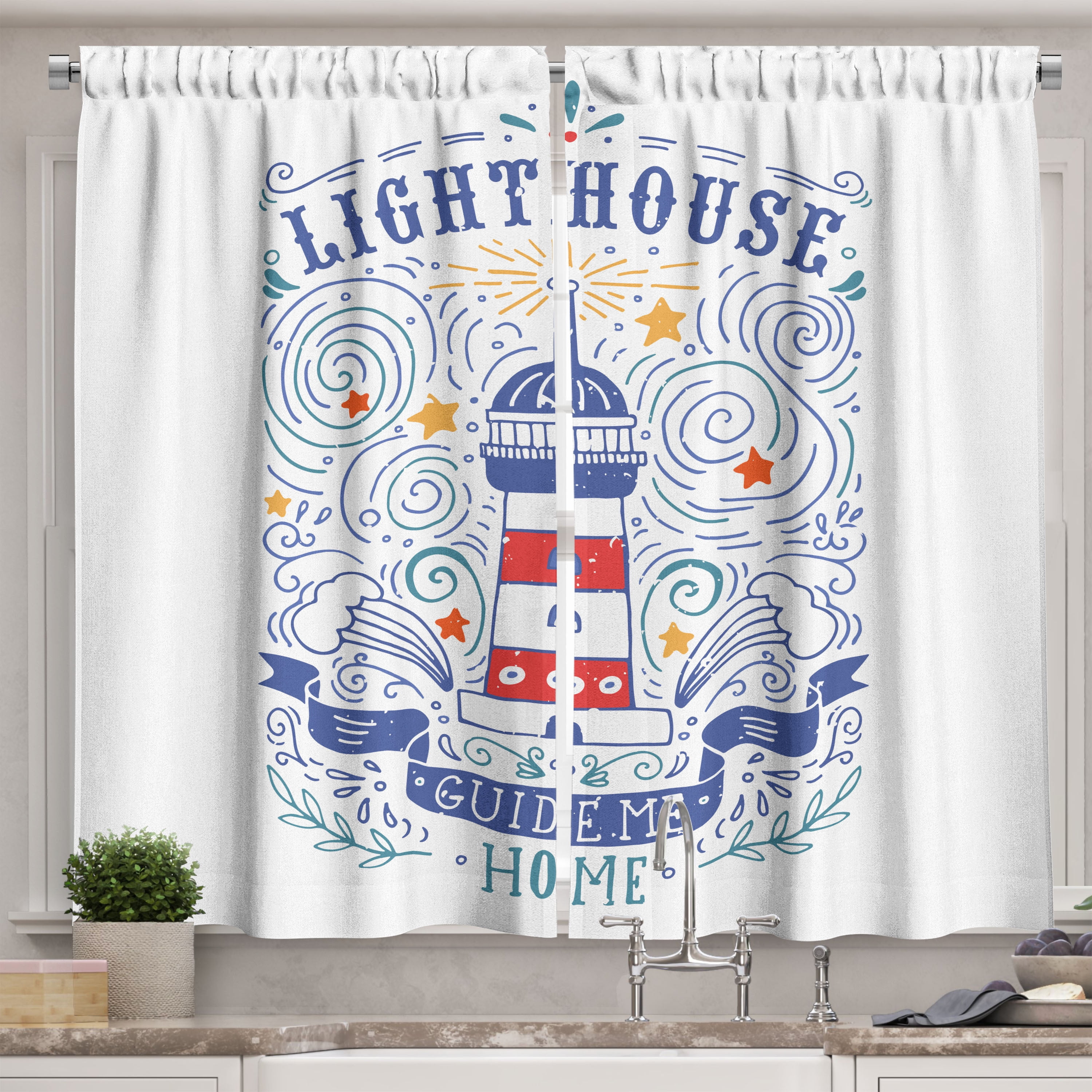 Ambesonne Lighthouse Kitchen Curtains, Vintage Sketch Stars, 55"x24 ...