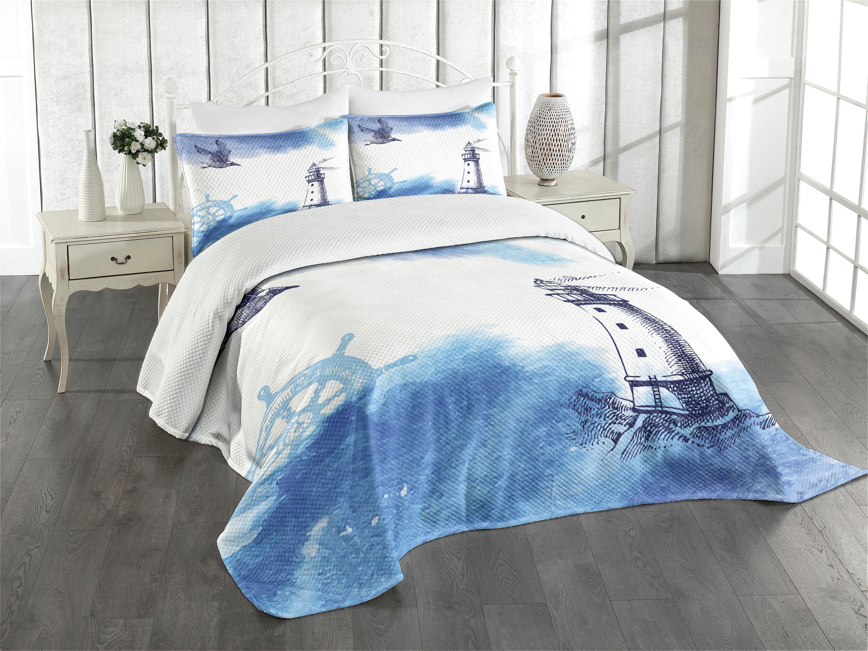 Ambesonne Lighthouse Quilted Bedspread Set 3 Pcs, Handdrawn Art Anchor ...
