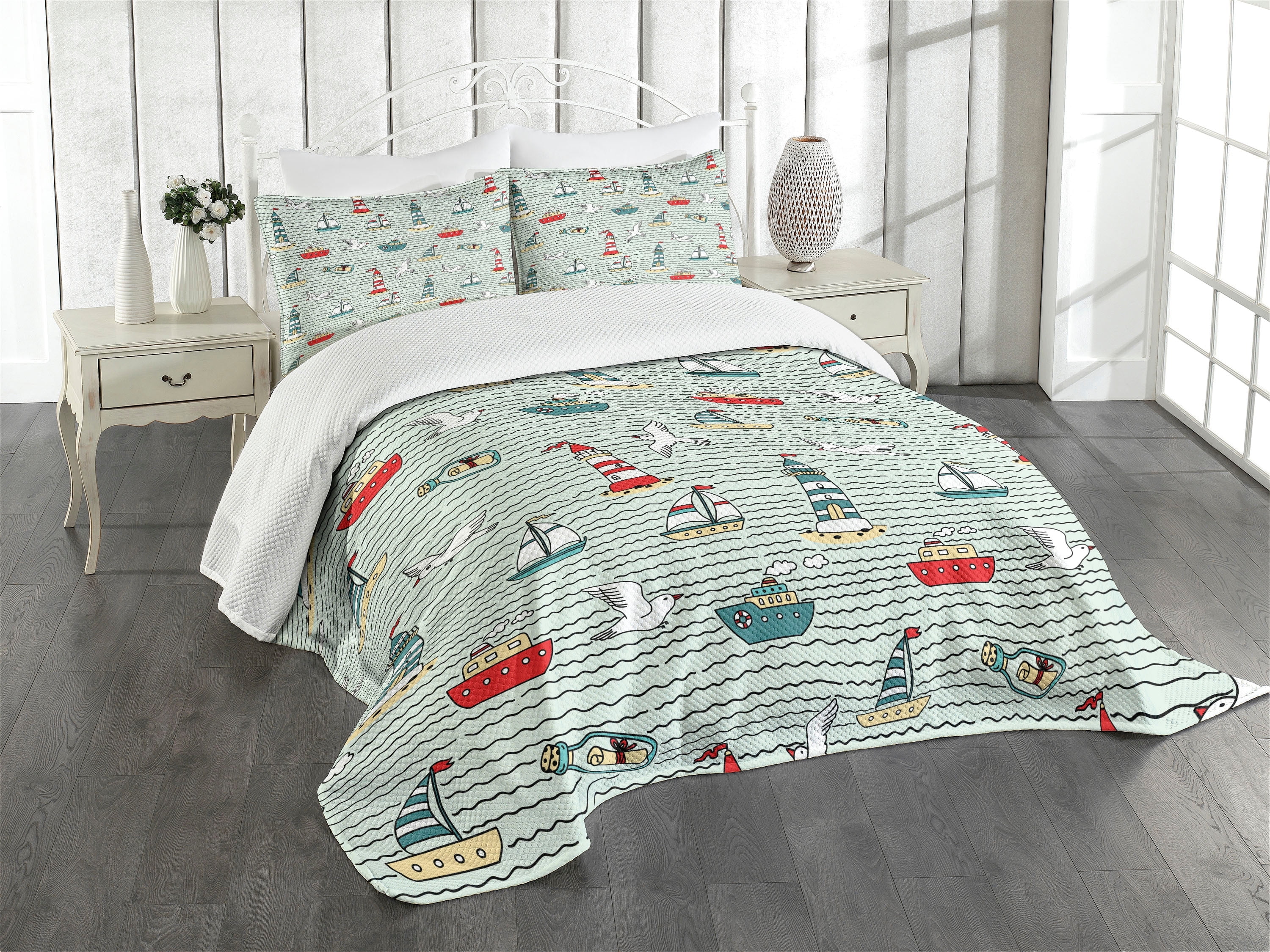 Ambesonne Lighthouse Quilted Bedspread Set 3 Pcs, Message Bottle Gulls ...