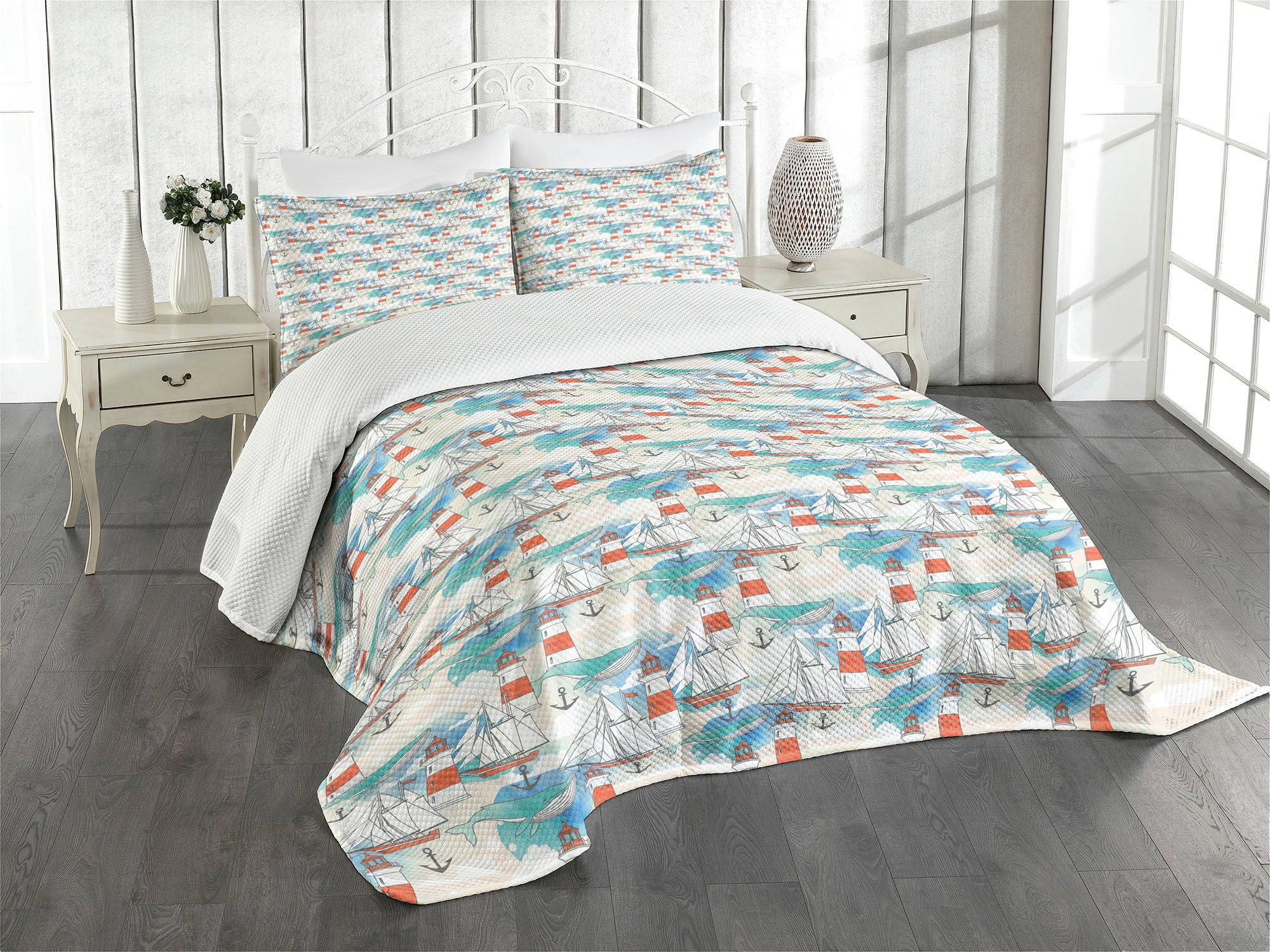 Ambesonne Lighthouse Quilted Bedspread Set 3 Pcs, Nautical Whale Boats ...
