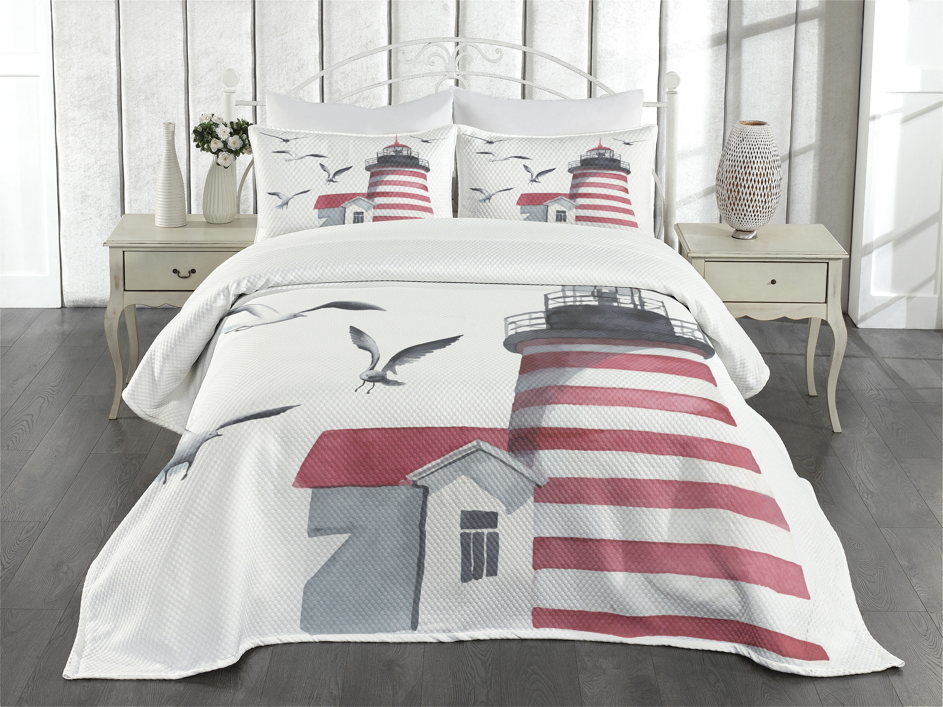 Ambesonne Lighthouse Quilted Bedspread Set 3 Pcs, Seagulls Beach Sea ...