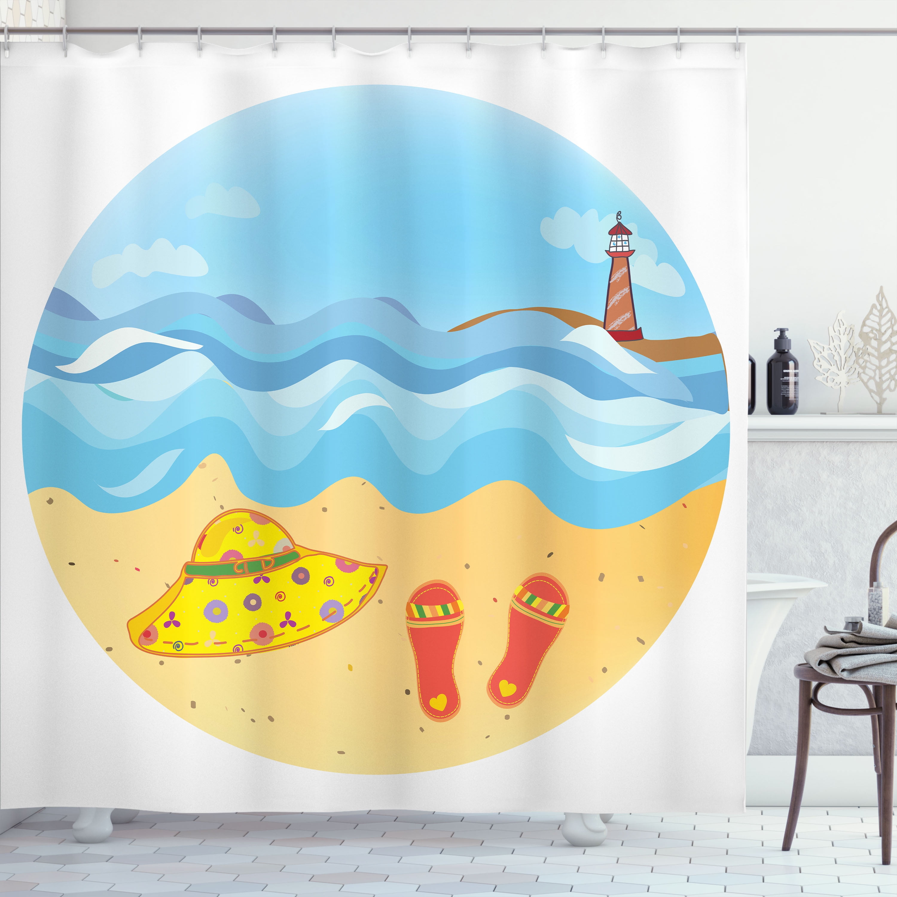 Ambesonne Lighthouse Shower Curtain, Minimal Doodle Ocean, 69"Wx70"L ...