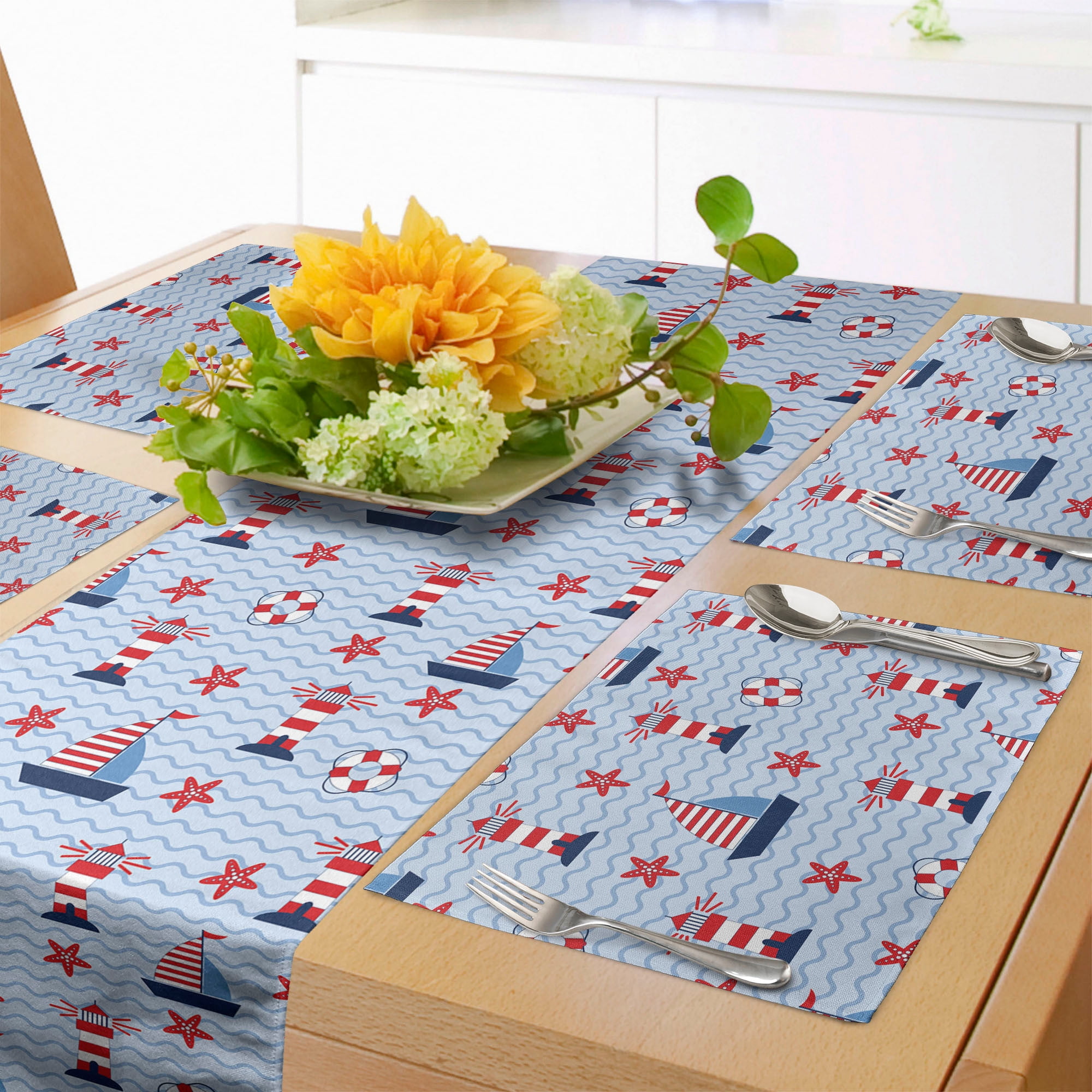 Ambesonne Lighthouse Table Runner & Placemats, Ocean and Waves ...