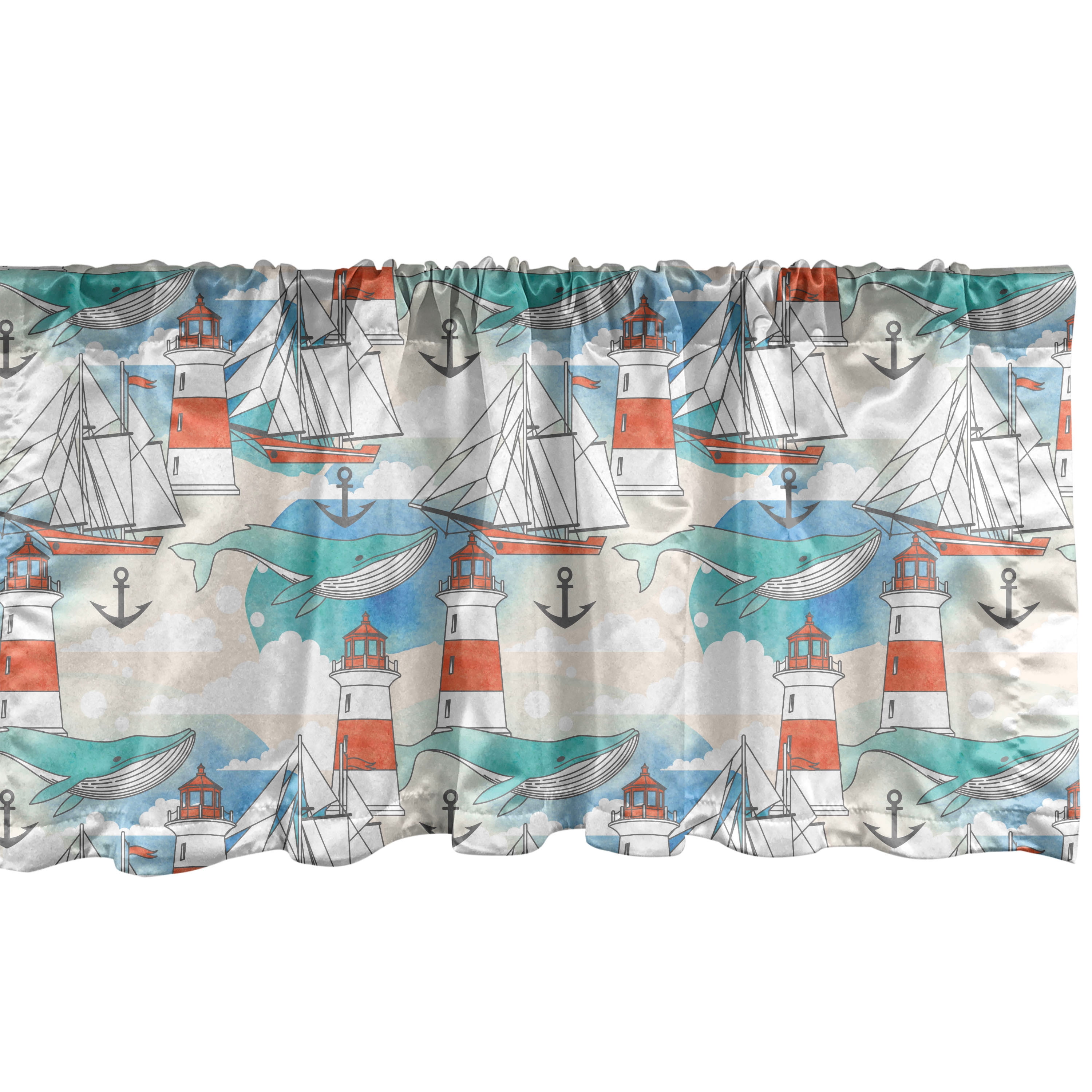 Ambesonne Lighthouse Window Valance, Nautical Whale Boats, 54" X 18 ...