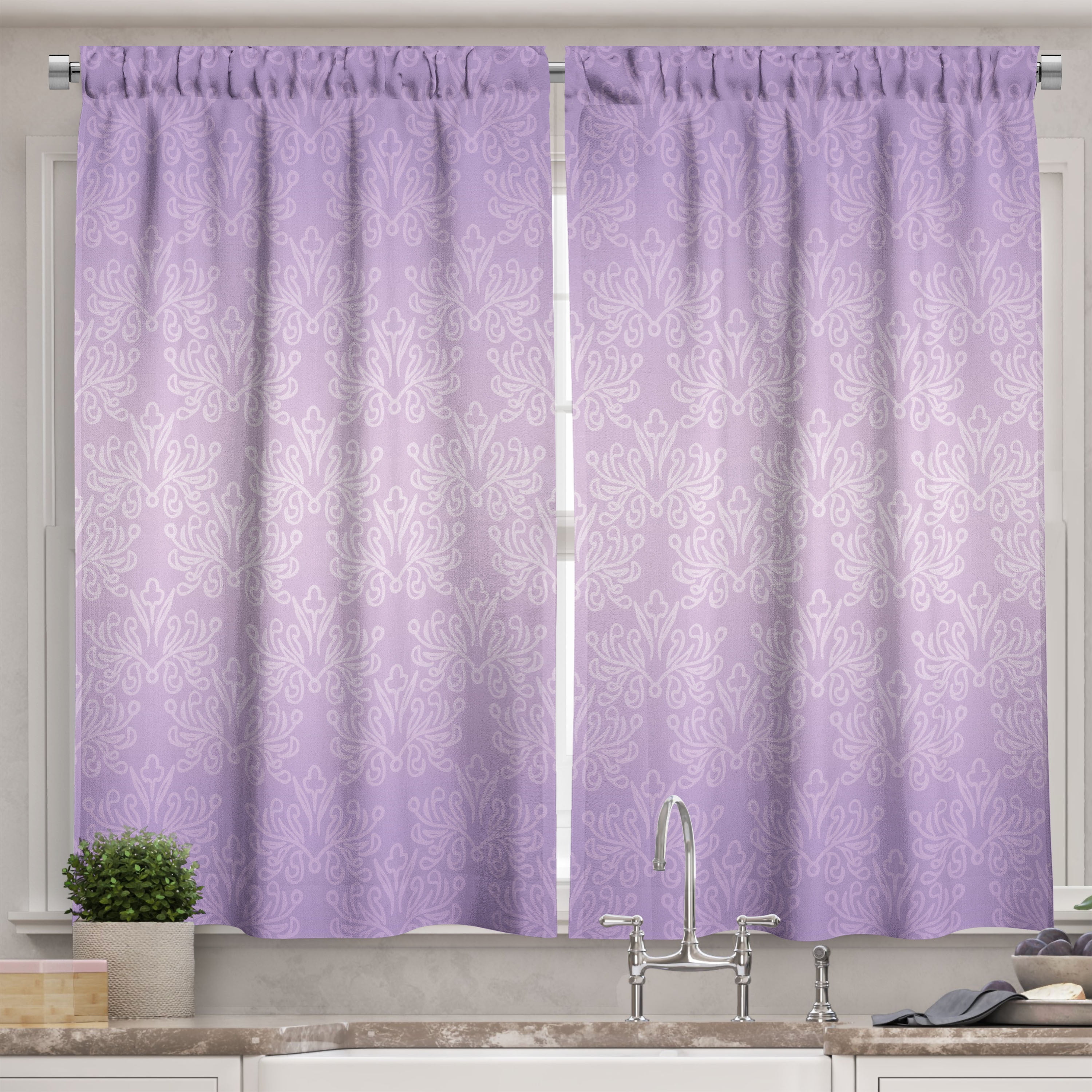 Ambesonne Lilac Kitchen Curtains, Baroque Swirl Motifs, 55"x39", Lilac ...