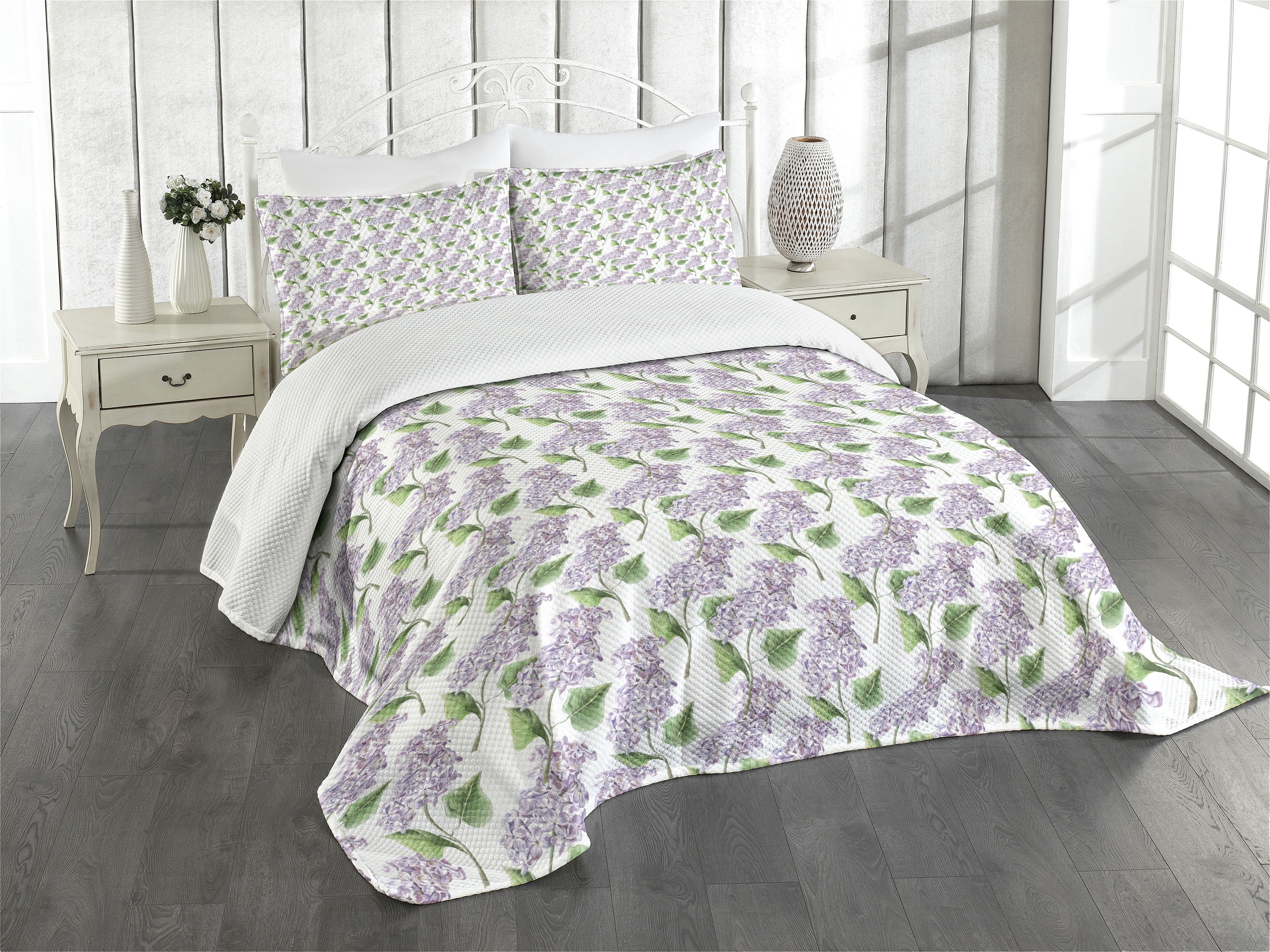 Ambesonne Lilac Quilted Bedspread Set 3 Pcs, Watercolor Herbal Bunch ...