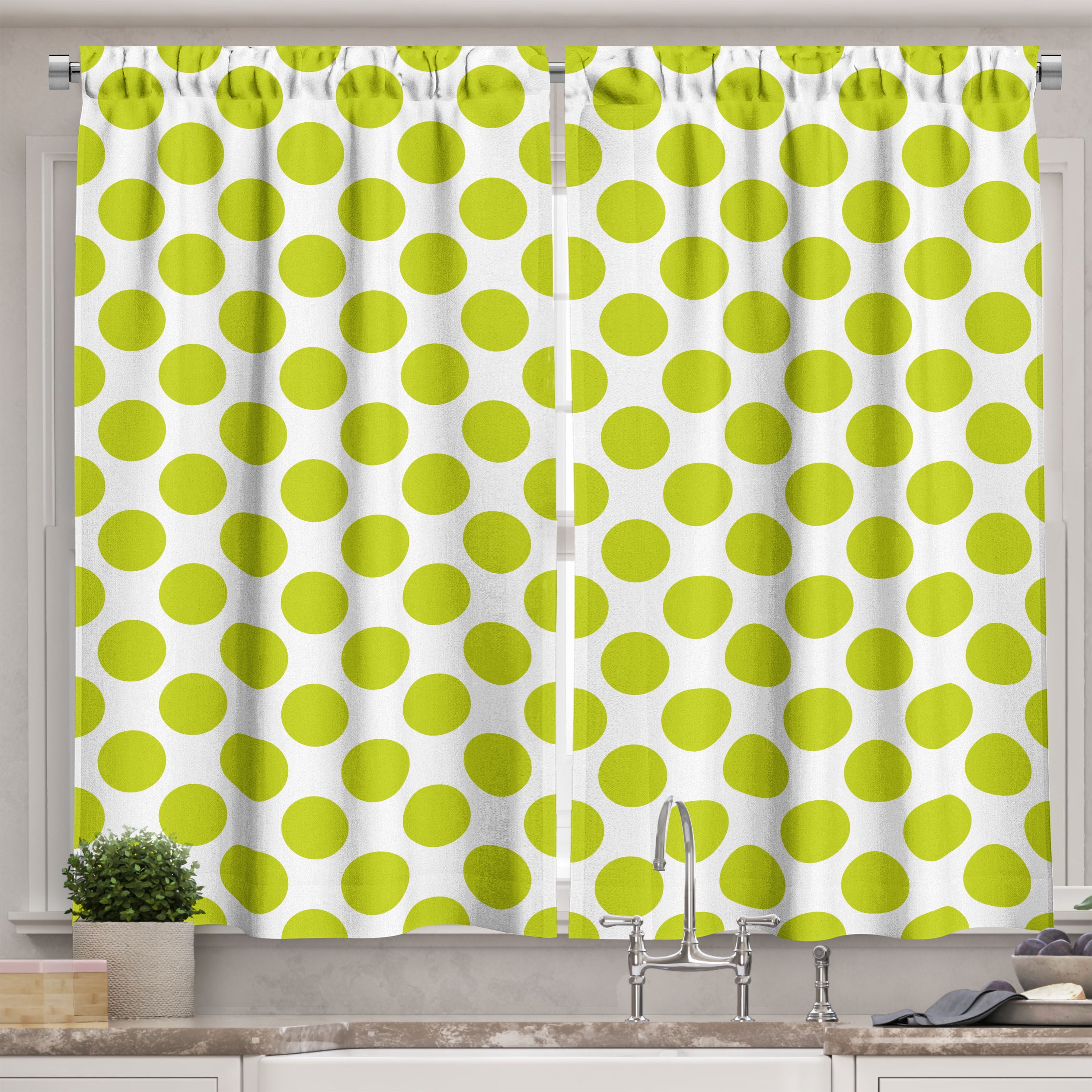 Ambesonne Lime Green Kitchen Curtains, Girlish Vintage Dots, 55"x45 ...