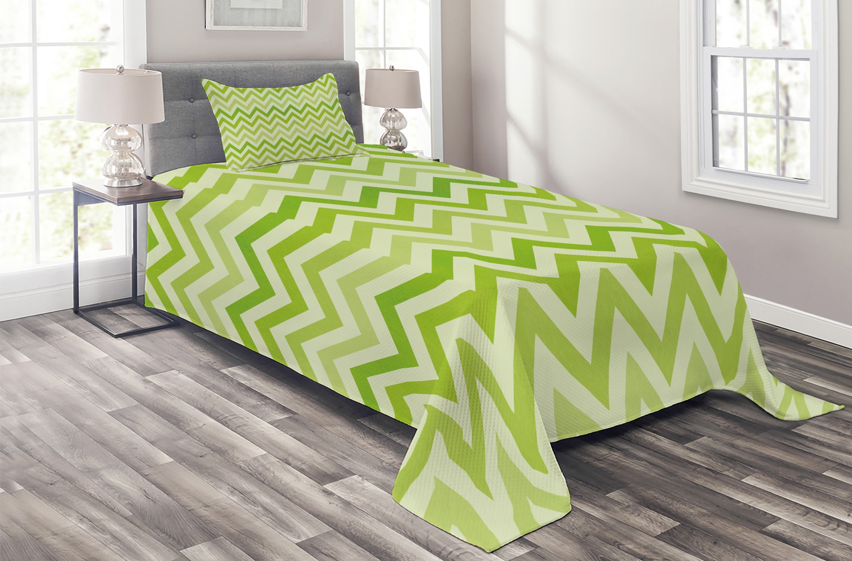 Ambesonne Lime Green Quilted Coverlet 2 Pcs, Traditional Chevron, Twin ...