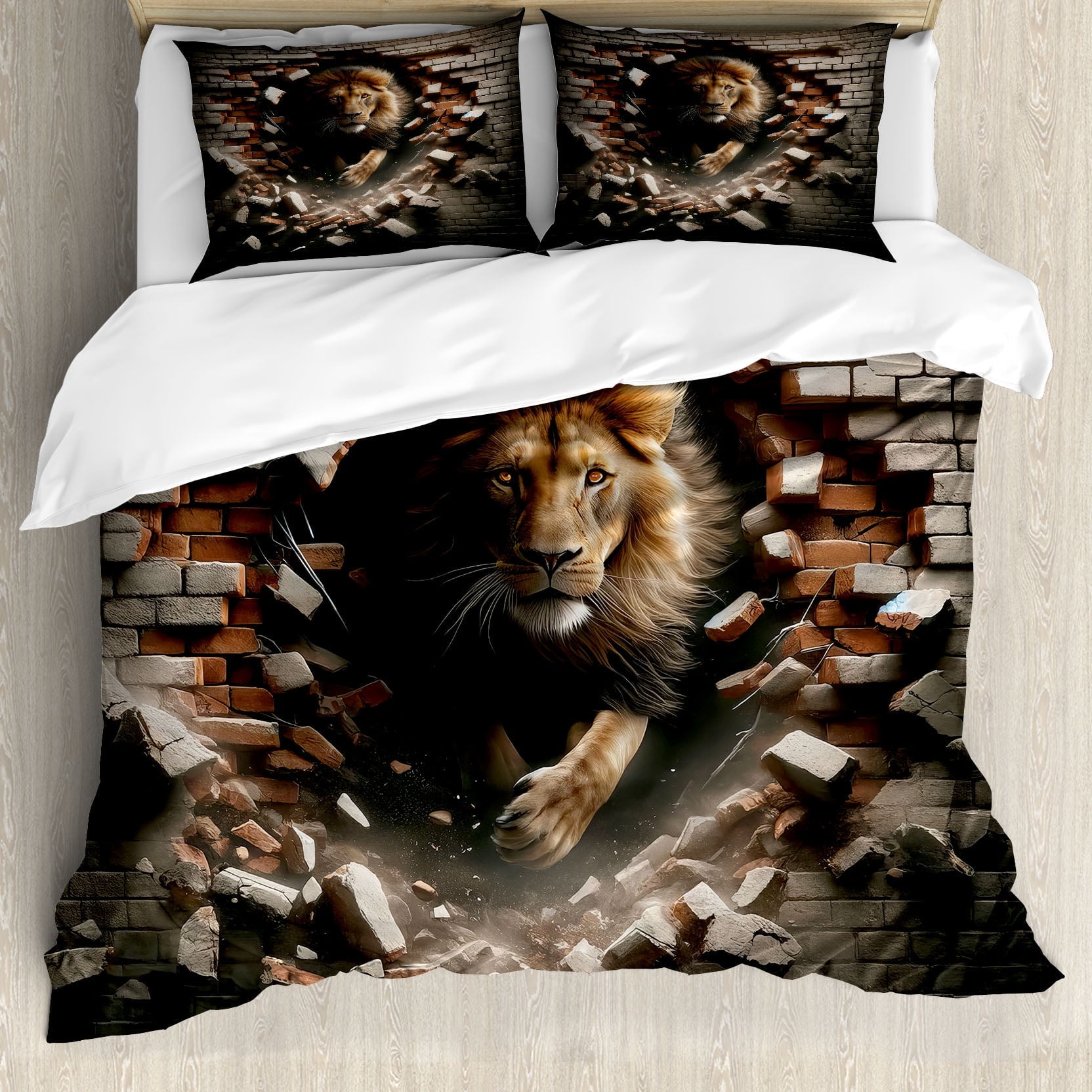 Ambesonne Lion Duvet Cover Set, King Emerging from Brick Wall, King ...