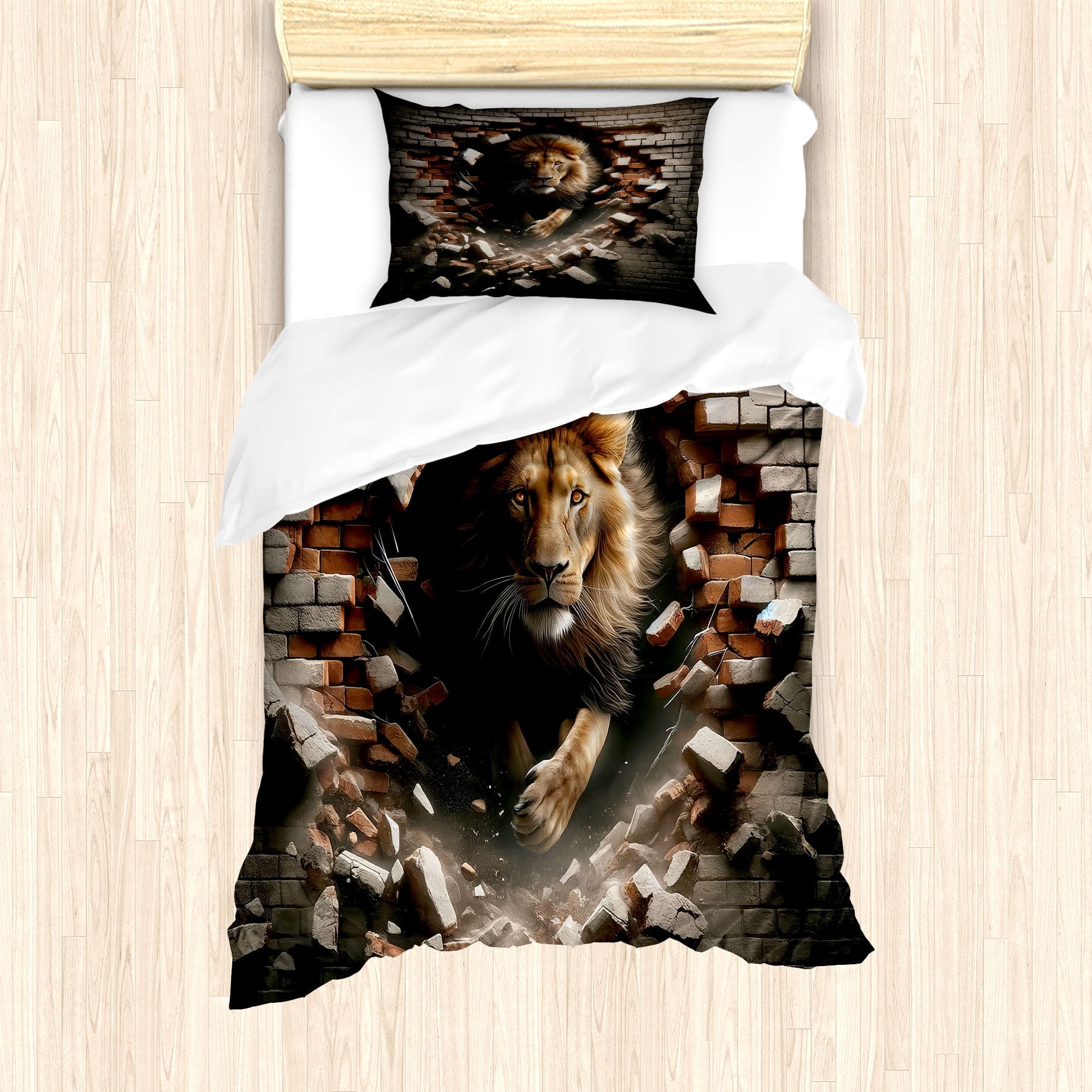 Ambesonne Lion Duvet Cover Set, King Emerging from Brick Wall, Twin ...