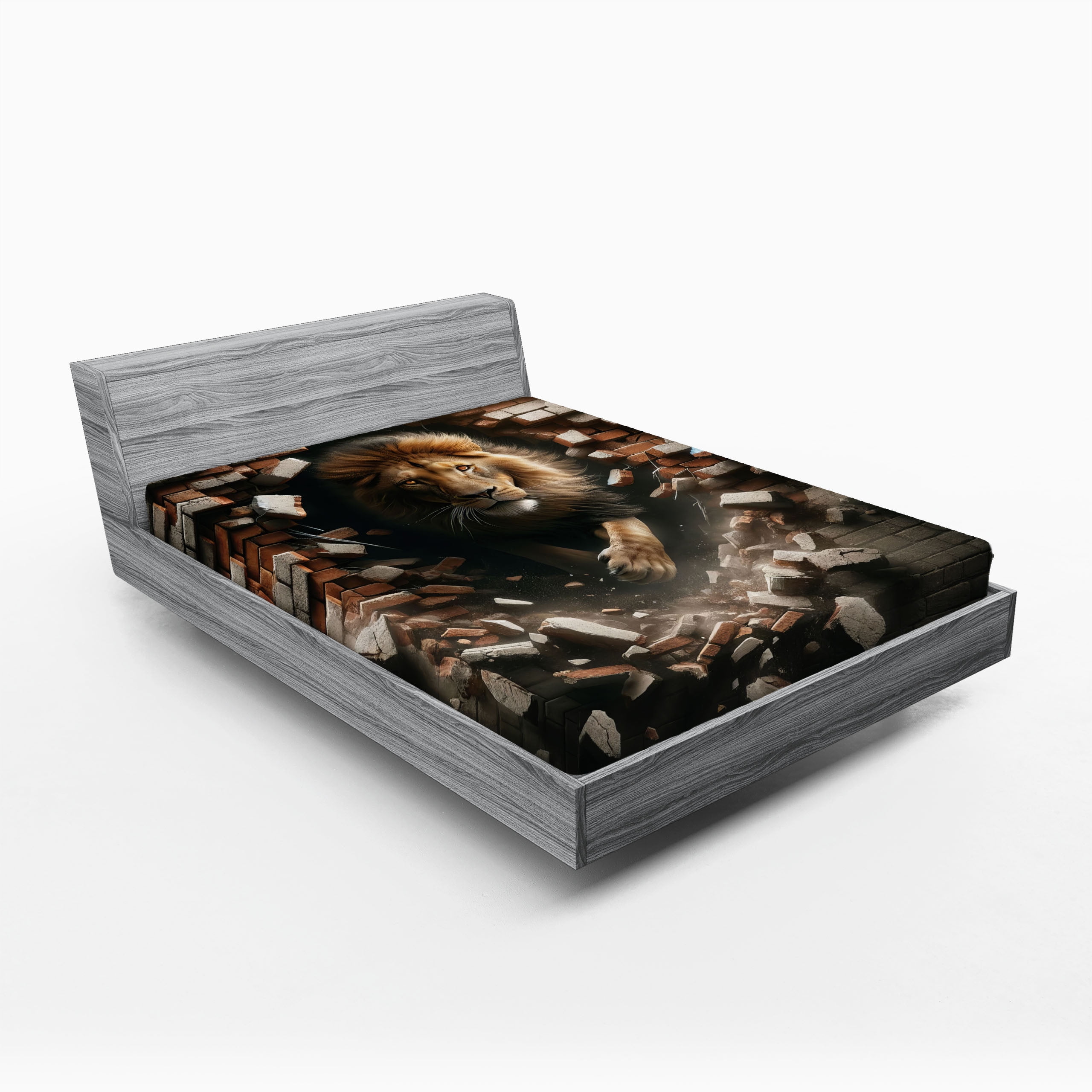 Ambesonne Lion Fitted Sheet, King Emerging from Brick Wall, Full Size ...