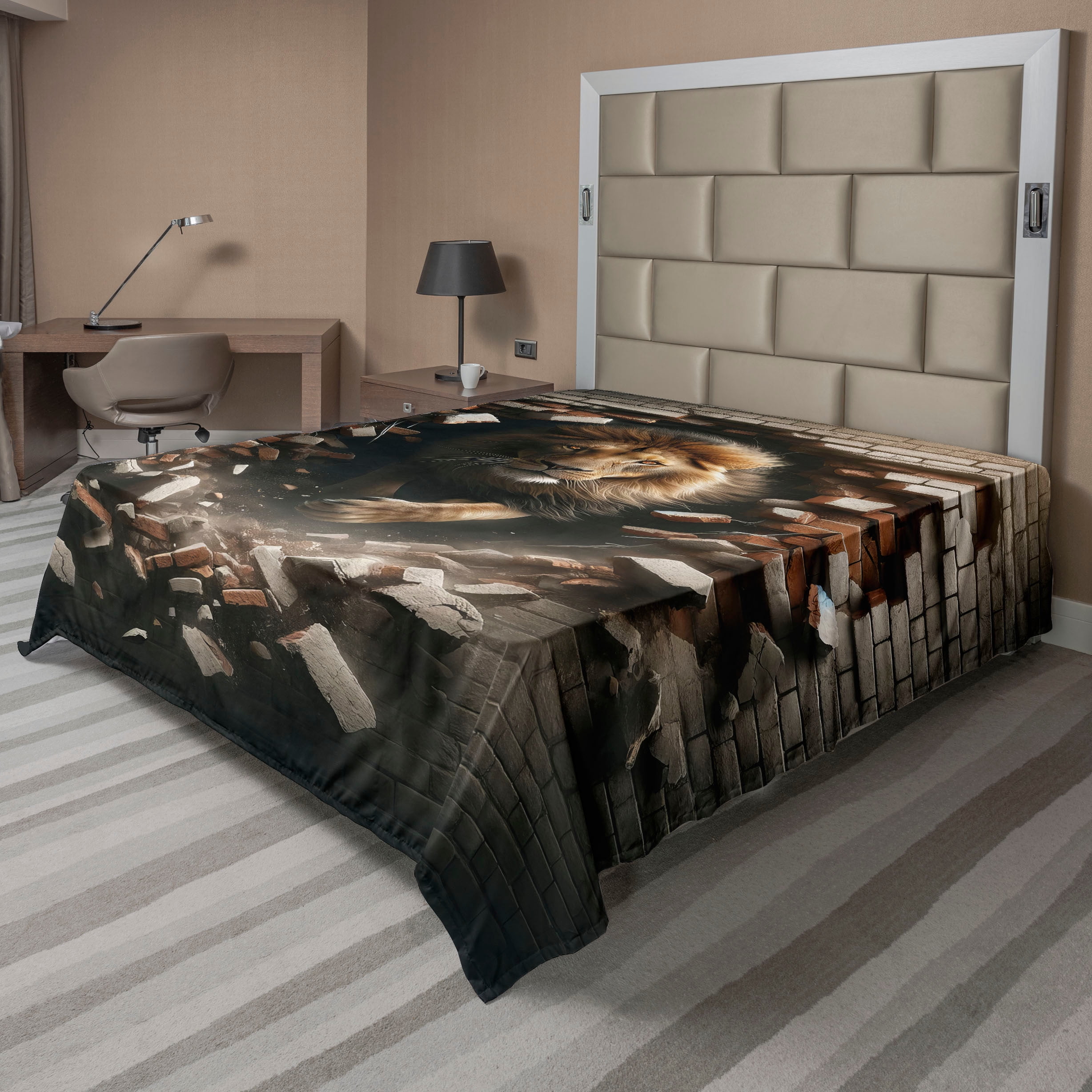 Ambesonne Lion Flat Sheet, King Emerging from Brick Wall, Queen Size ...