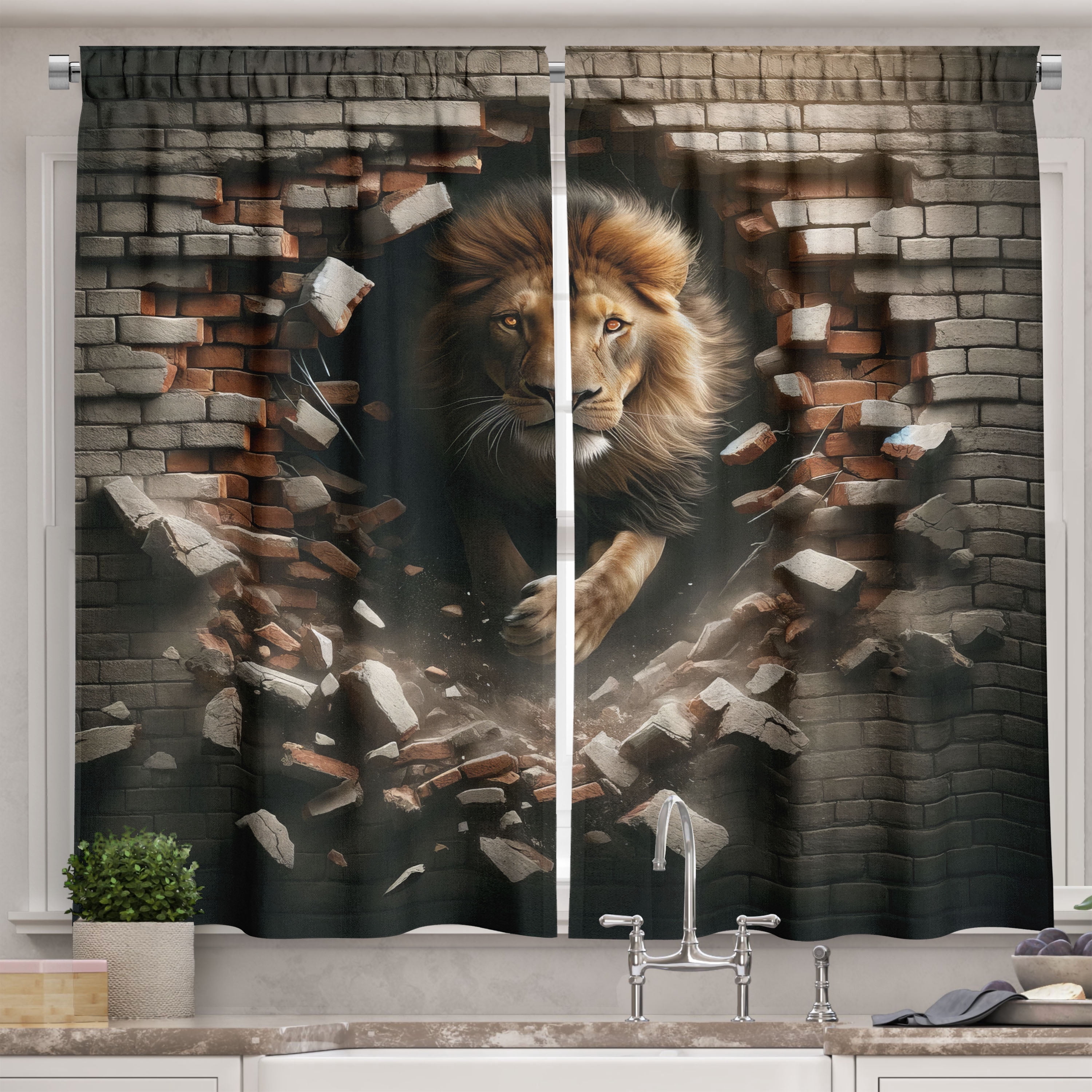 Ambesonne Lion Kitchen Curtains, King Emerging from Brick Wall, 55"x30 ...
