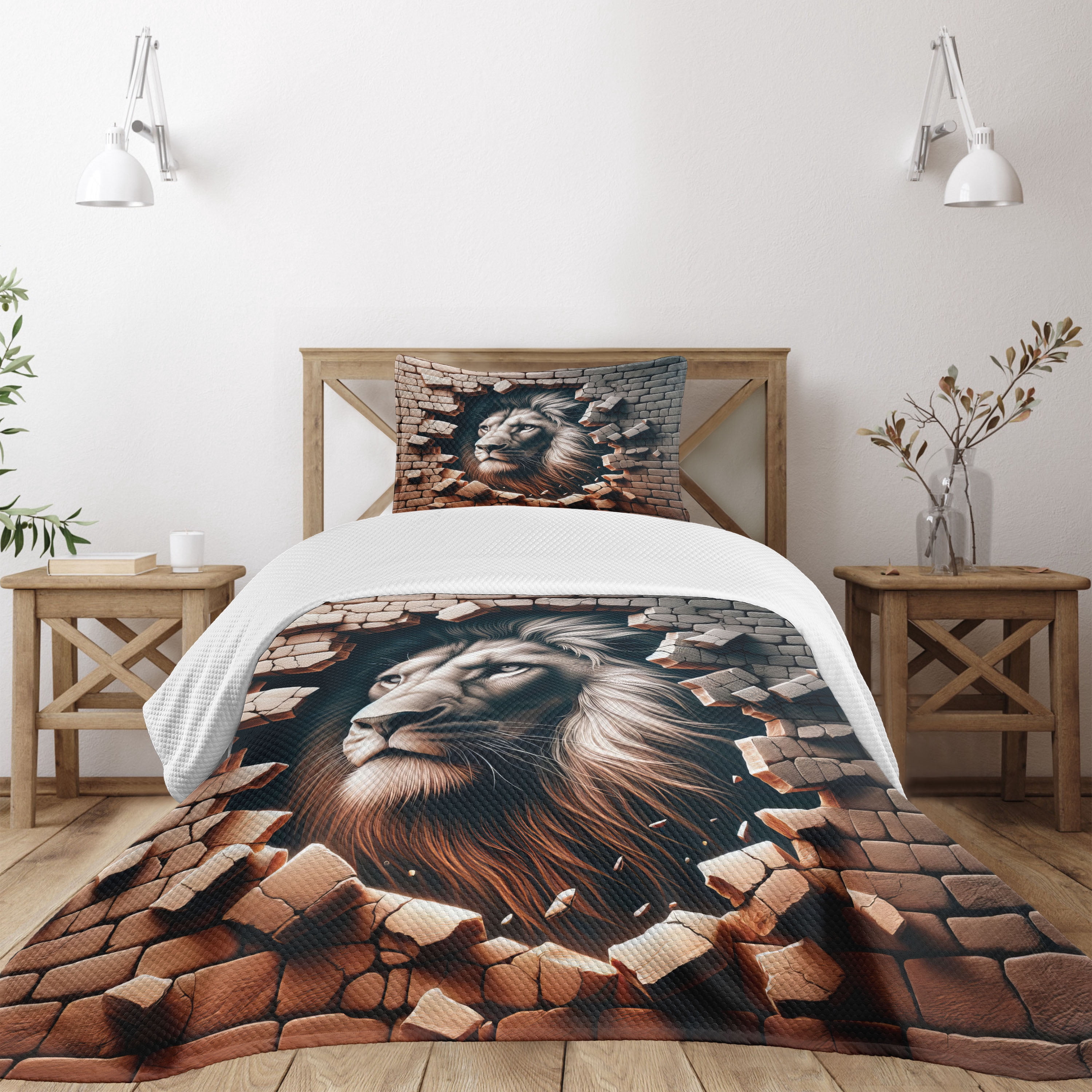 Ambesonne Lion Quilted Bedspread Set 2 Pcs, Brick Wall and Classical ...