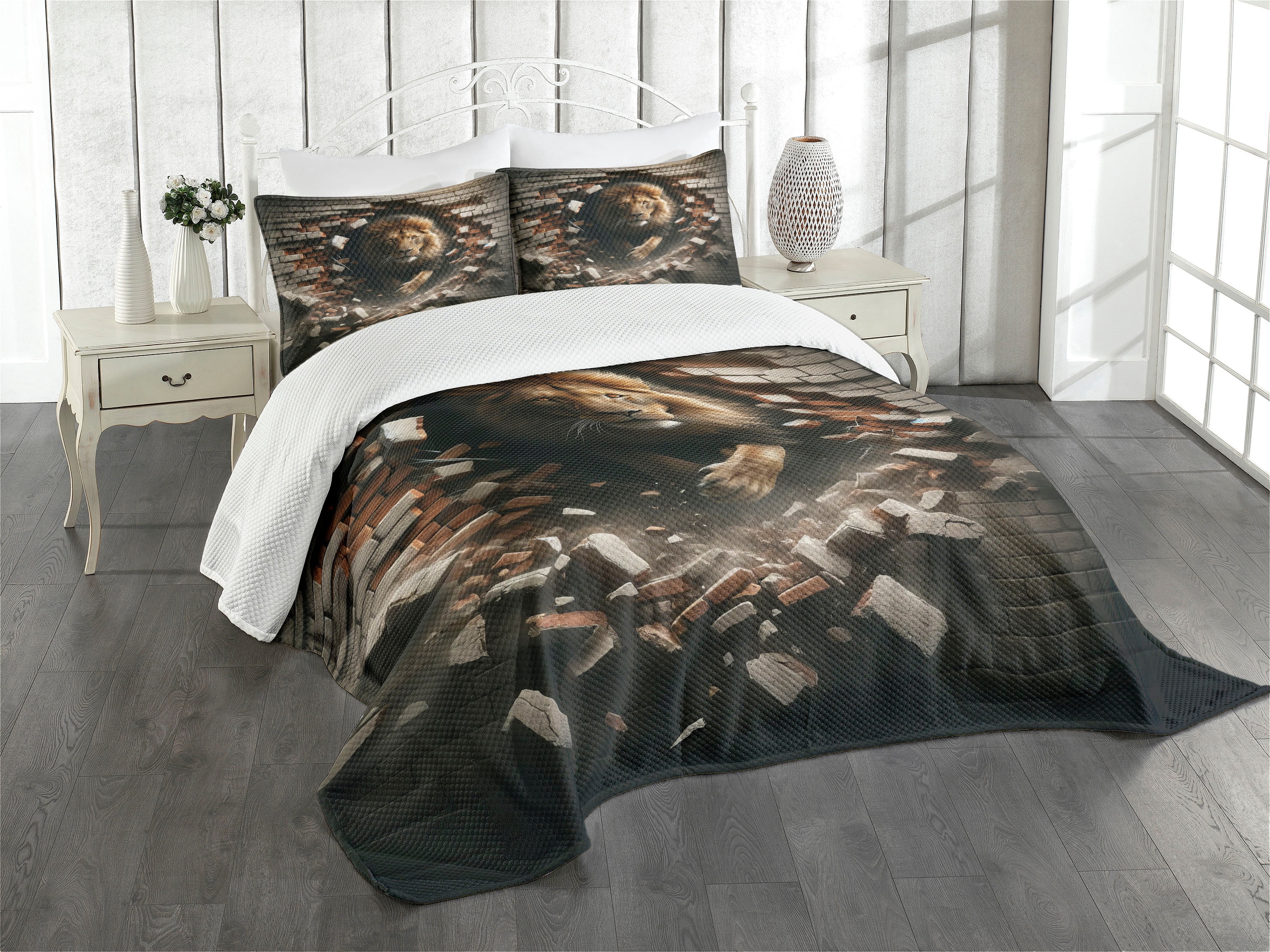 Ambesonne Lion Quilted Bedspread Set 3 Pcs, King Emerging from Brick ...