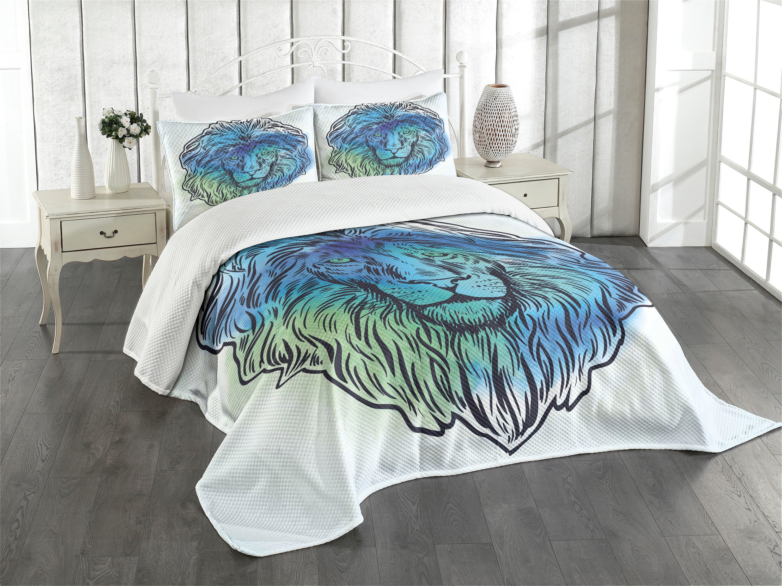 Ambesonne Lion Quilted Bedspread Set 3 Pcs, Portrait King of Forest ...