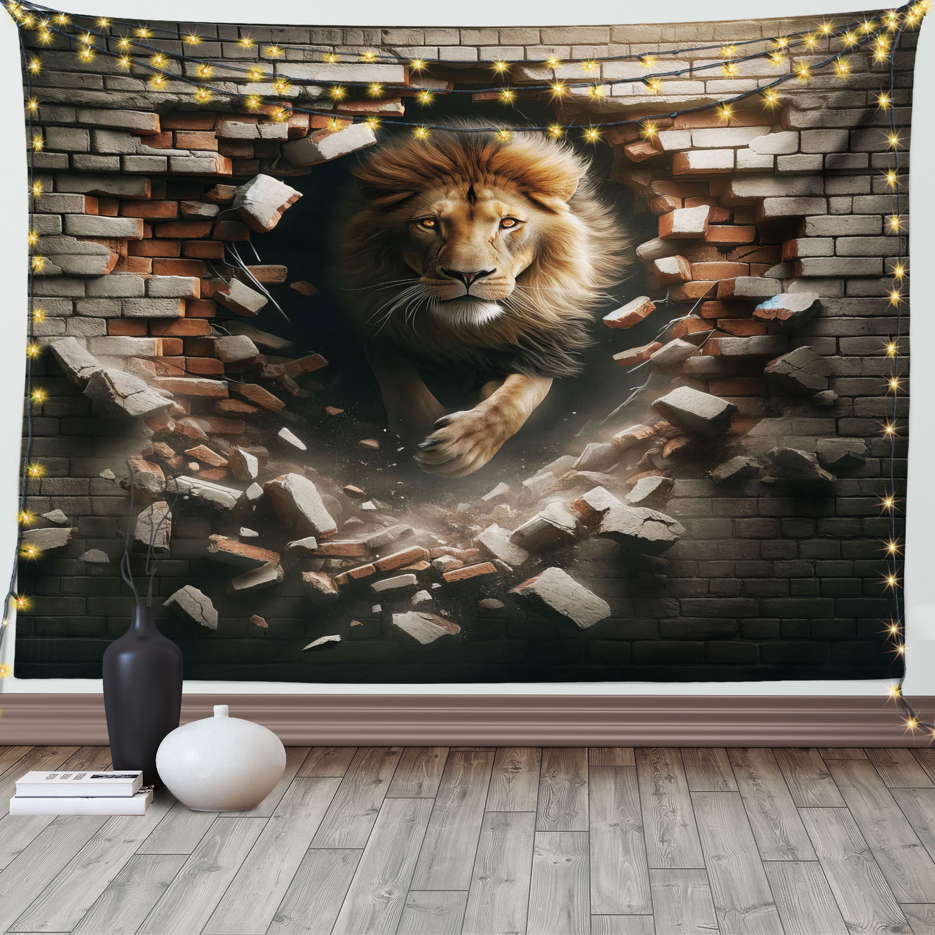 Ambesonne Lion Tapestry Wall Hanging, King Emerging from Brick Wall, 60 ...