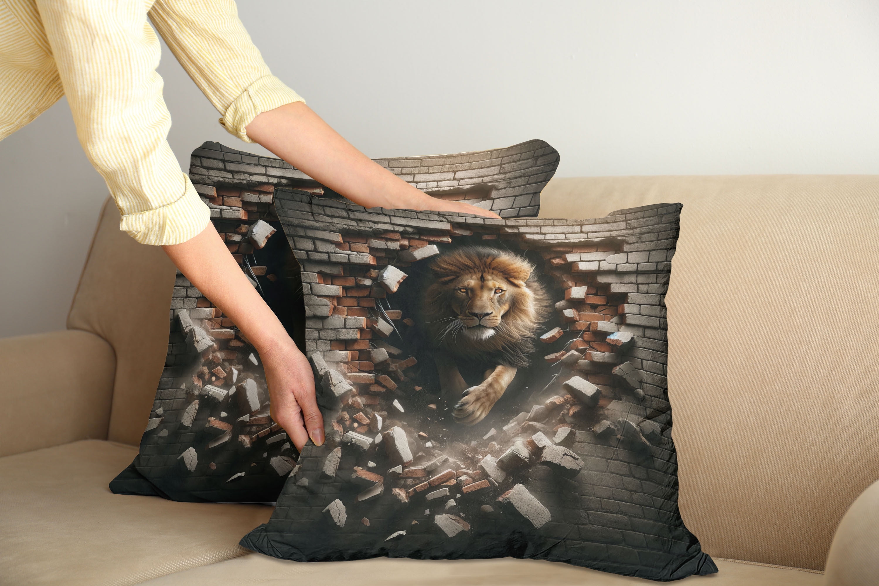 Ambesonne Lion Throw Pillow Cover Pack of 2, King Emerging from Brick ...