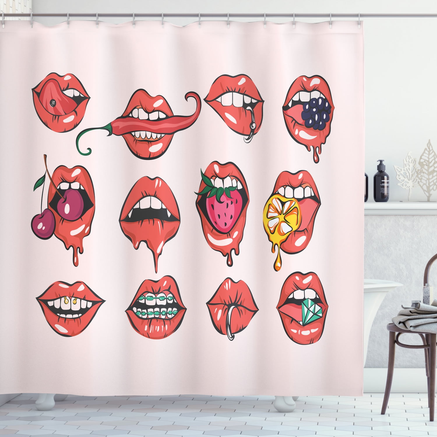 Ambesonne Lips Shower Curtain, Pierced Tongue Teeth Braces, 69"Wx70"L ...