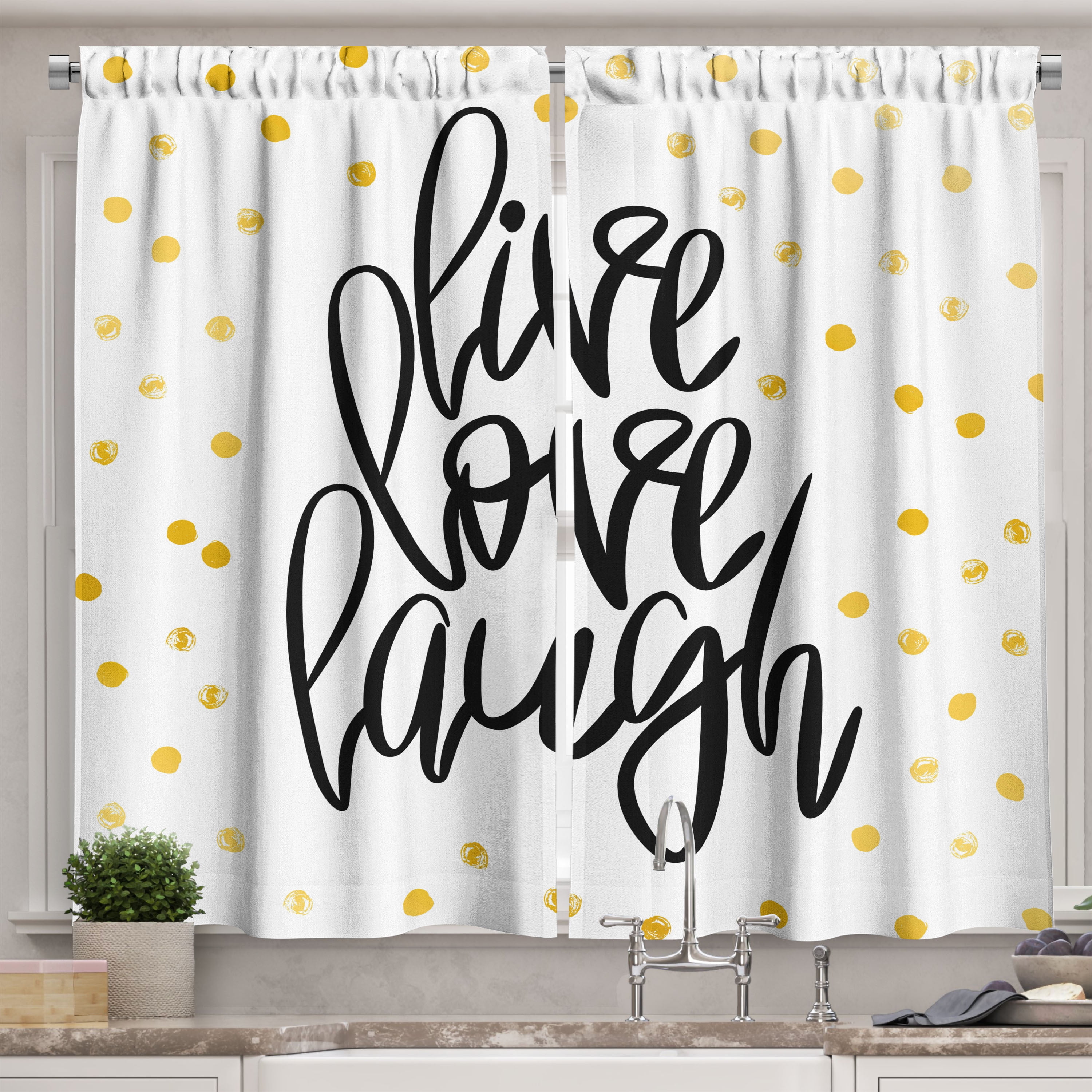 Ambesonne Live Laugh Love Kitchen Curtains, Phrase Dots, 55"x45", Black ...