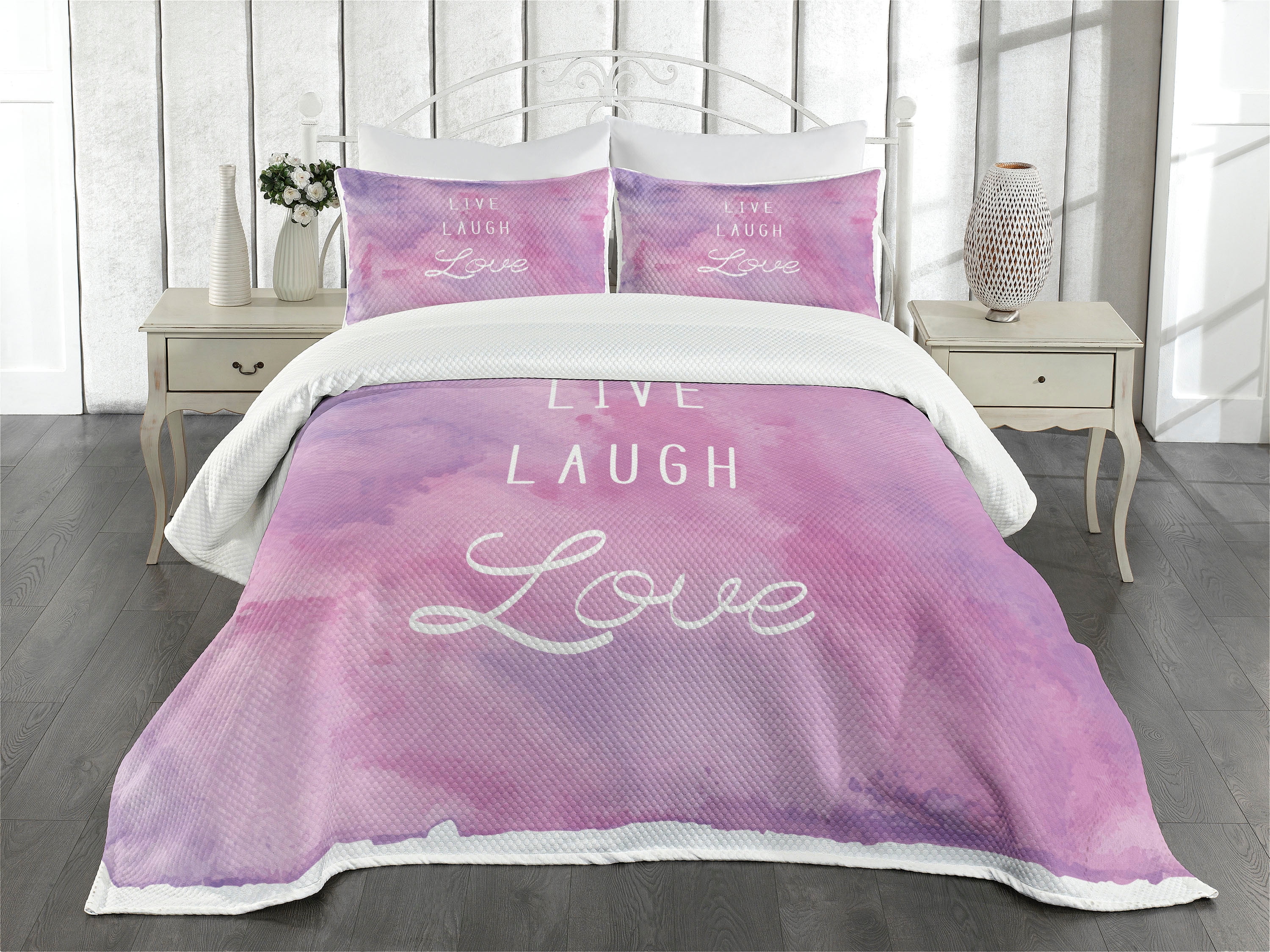 Ambesonne Live Laugh Love Quilted Bedspread Set 3 Pcs, Dreamy Positive ...