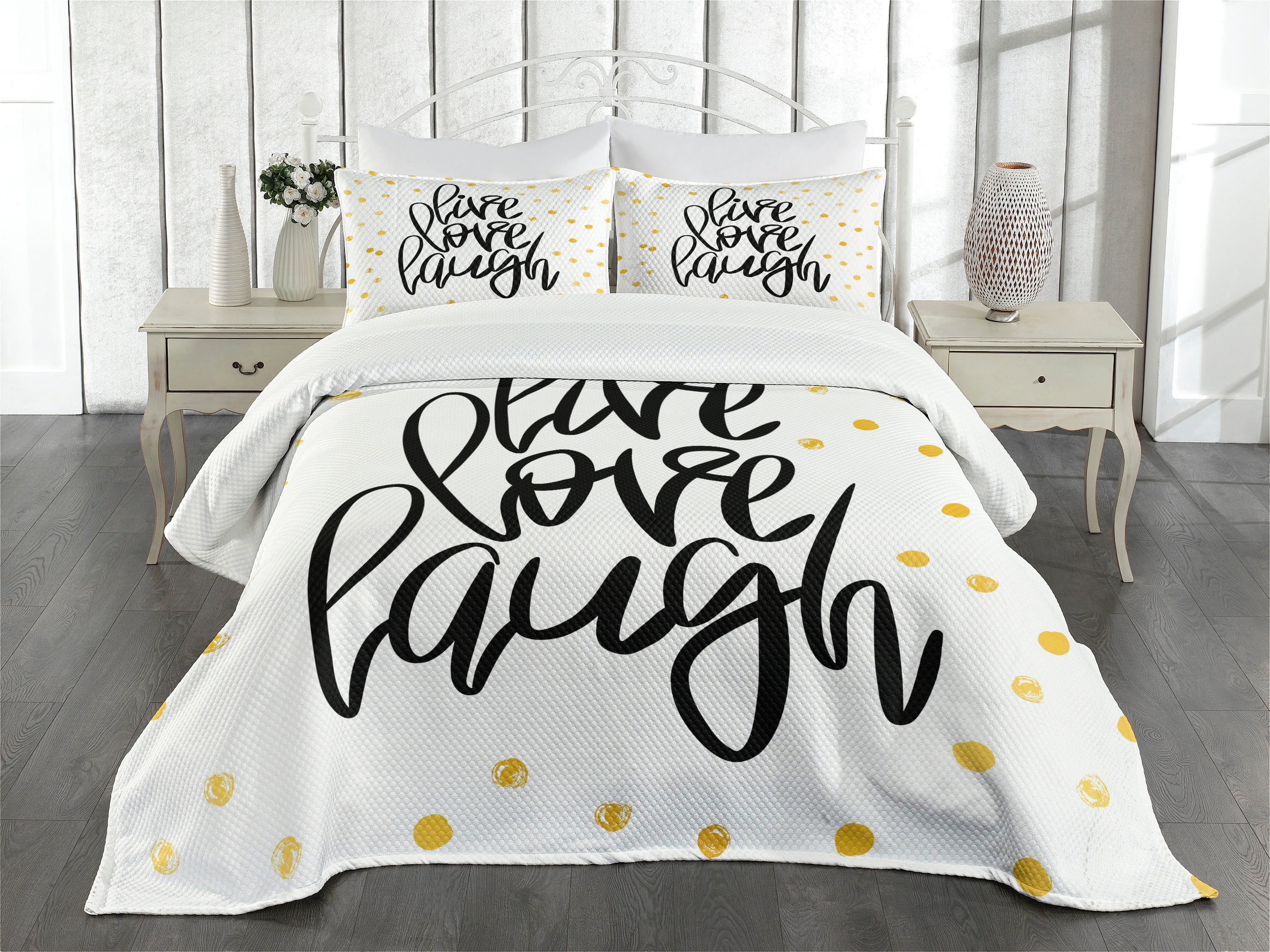 Ambesonne Live Laugh Love Quilted Bedspread Set 3 Pcs, Phrase Dots ...