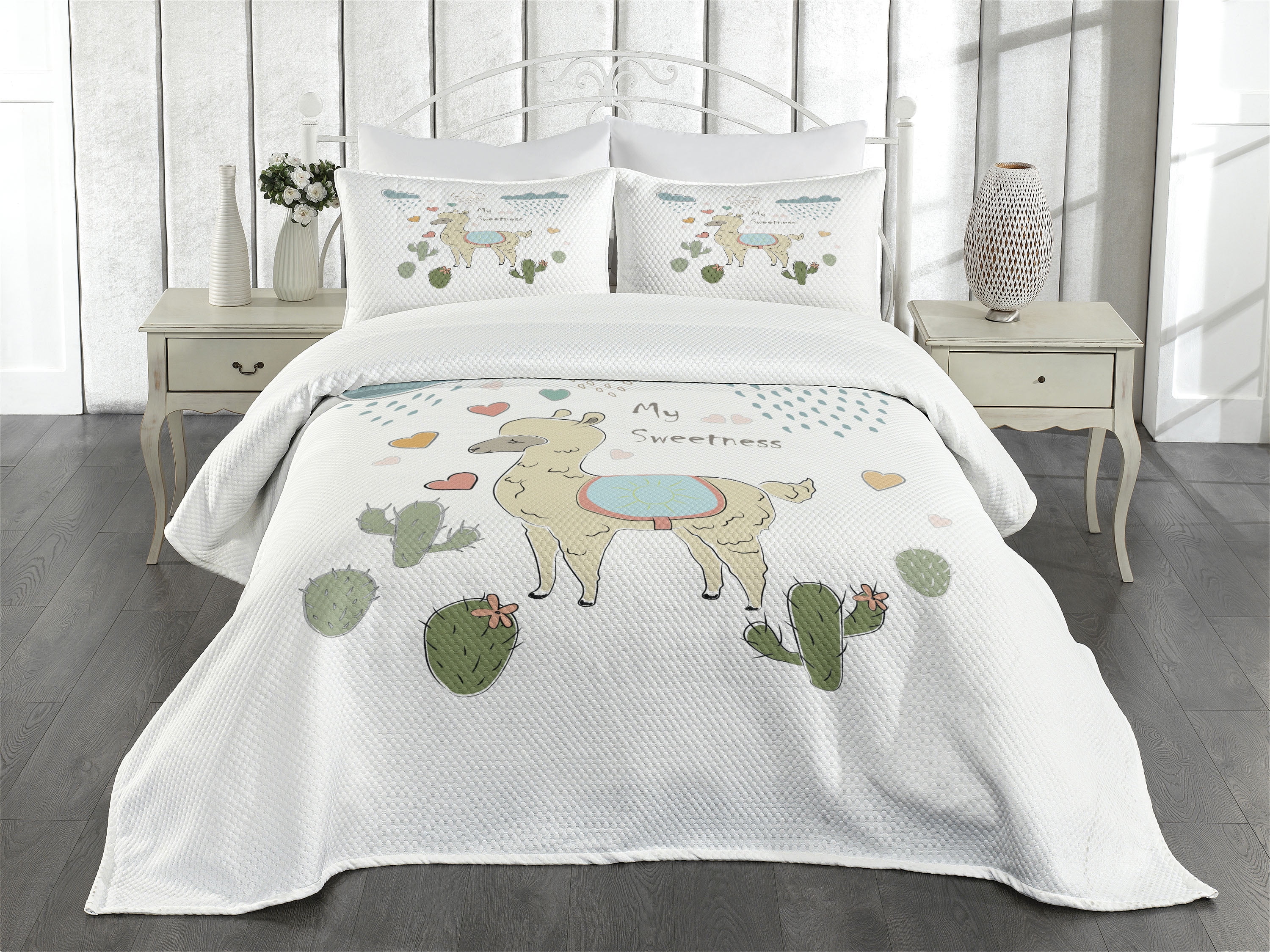 Ambesonne Llama Quilted Bedspread Set 3 Pcs, Cartoon Alpaca Animal ...