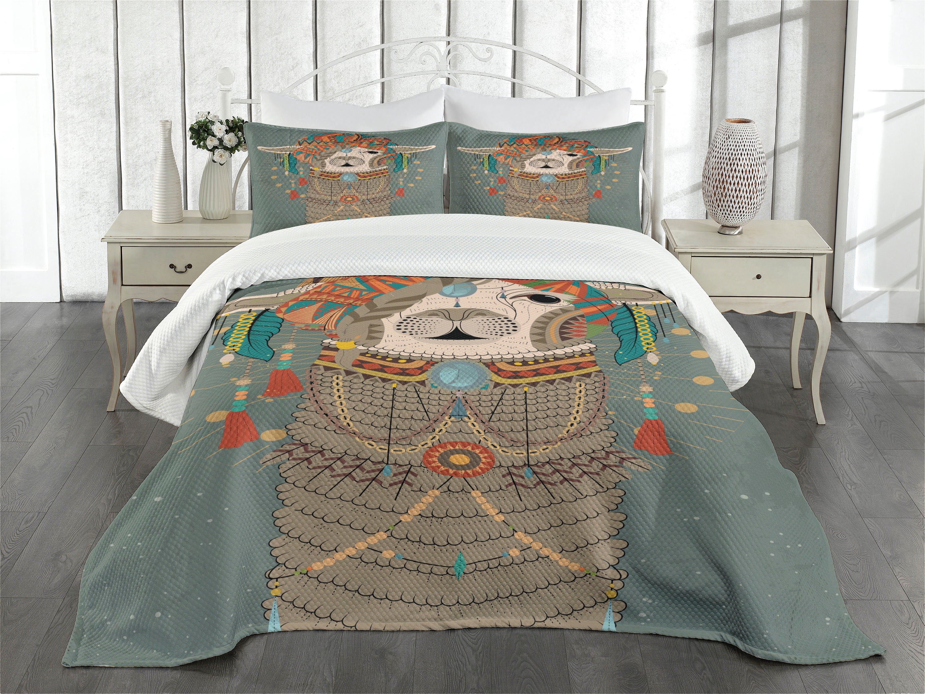 Ambesonne Llama Quilted Bedspread Set 3 Pcs, Oriental Design Alpaca ...