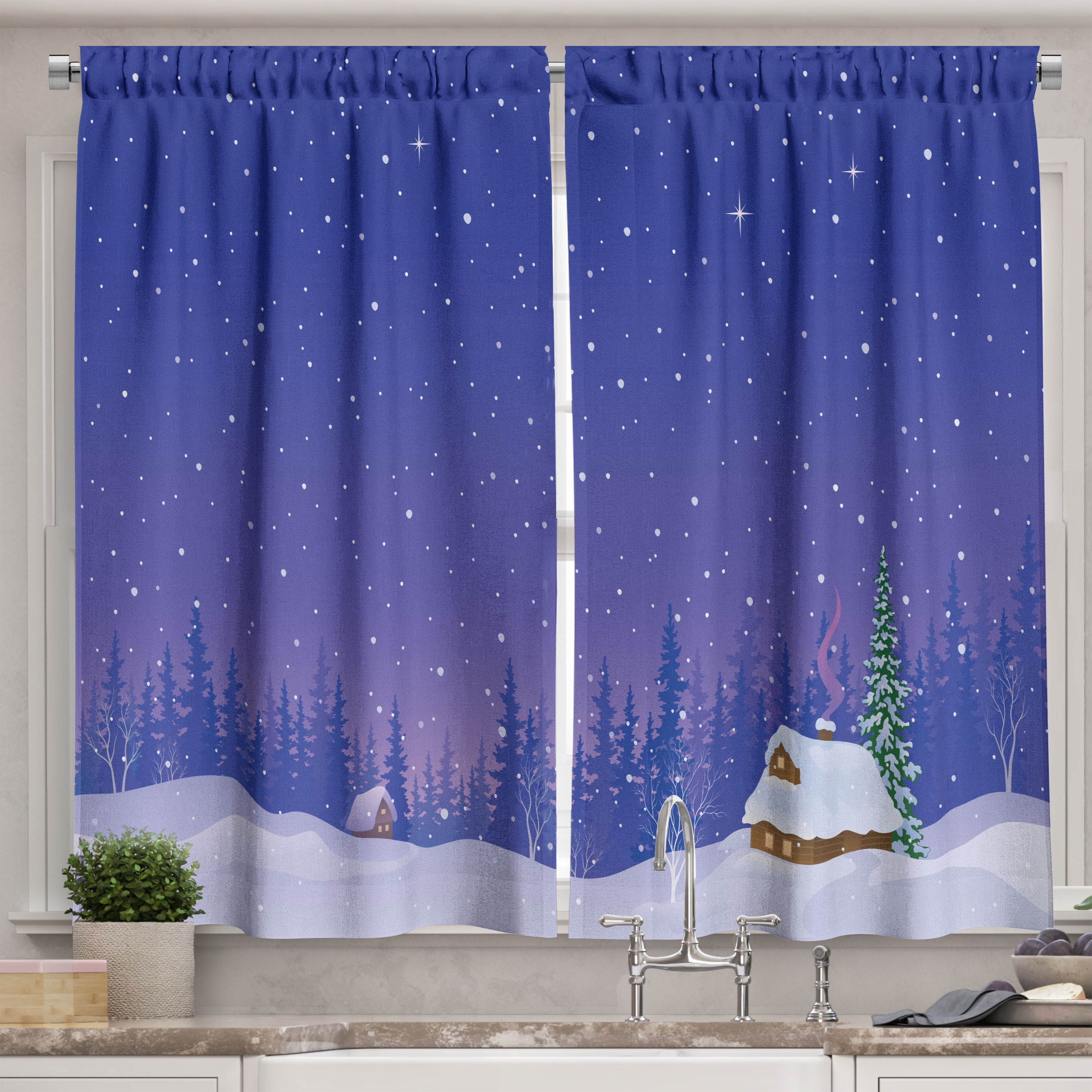Ambesonne Log Cabin Kitchen Curtains, Houses in Snowy Night, 55"x45 ...