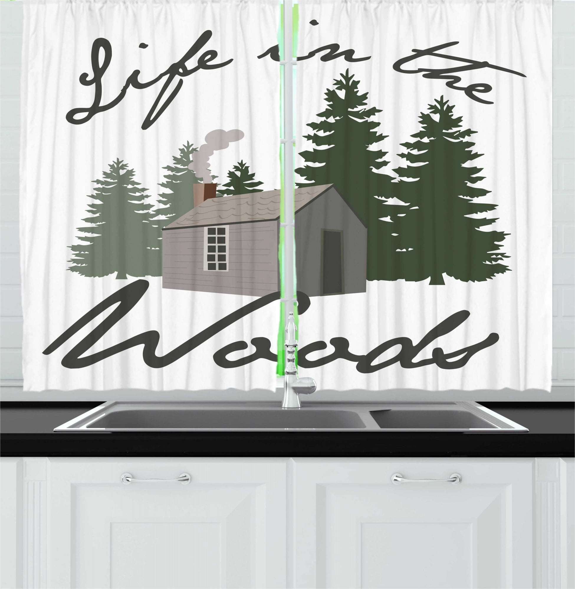 Ambesonne Log Cabin Kitchen Curtains, Rustic Lodge in Forest, 55"x45 ...