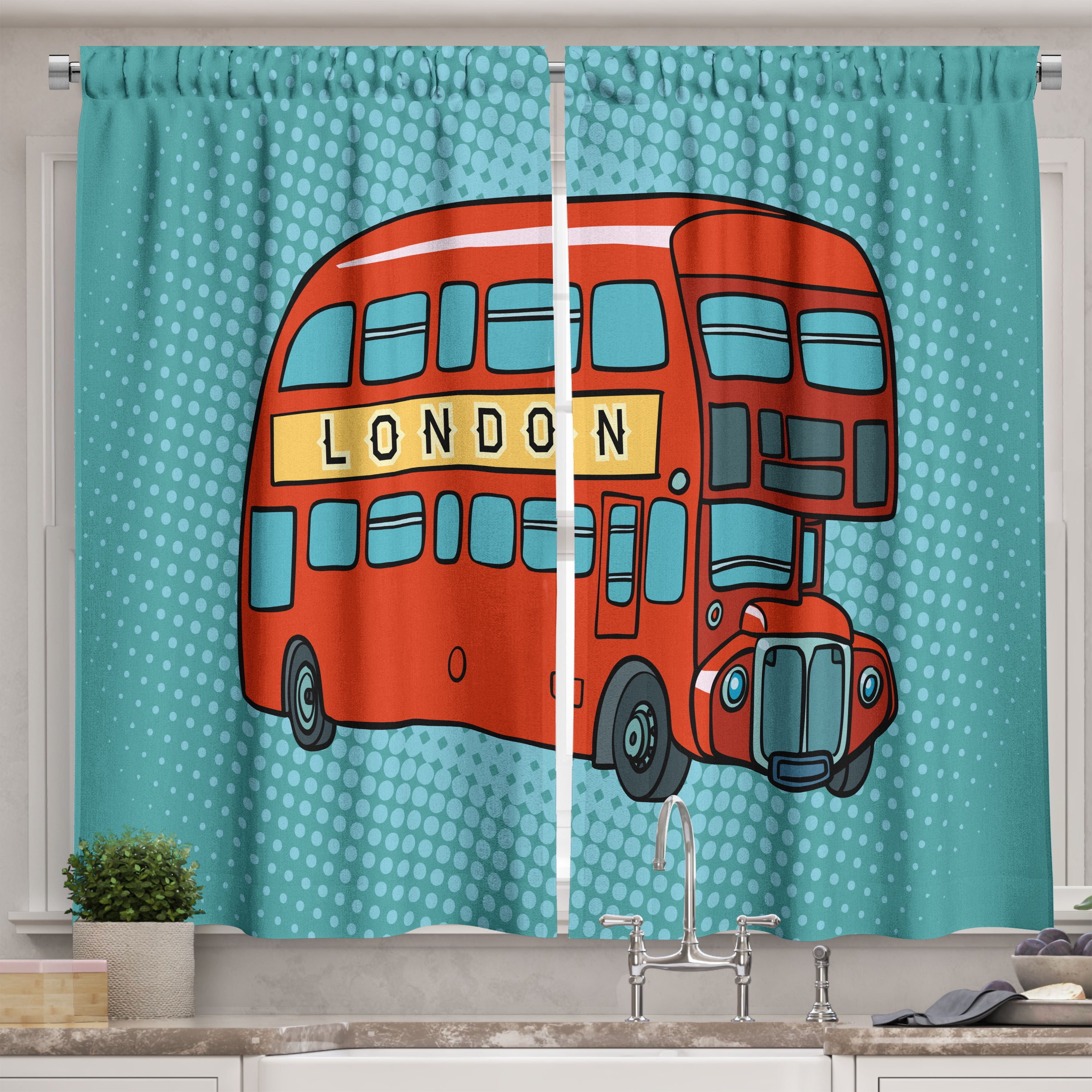 Ambesonne London Kitchen Curtains, Comic Style Retro London Bus, 55"x45 ...