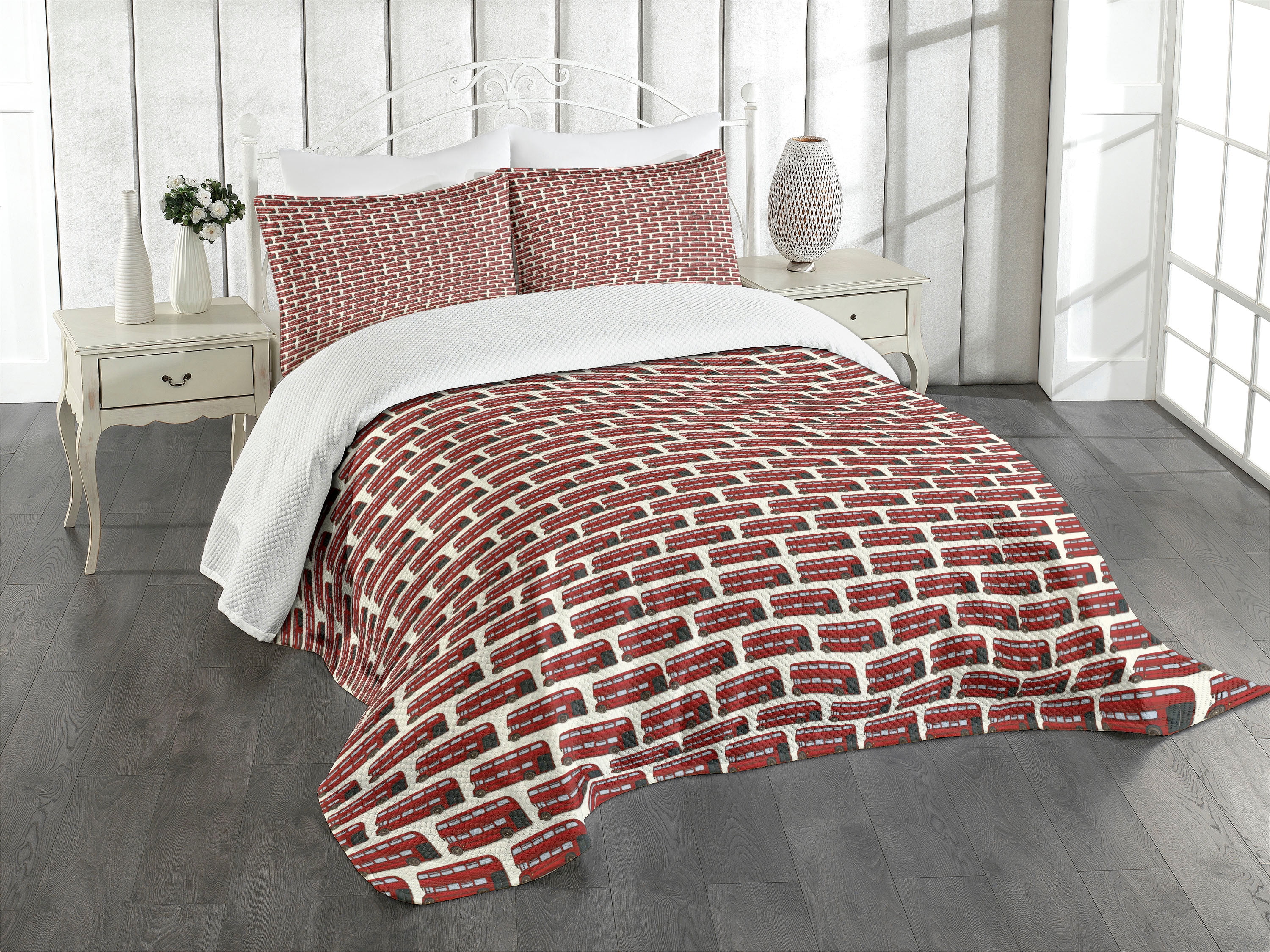 Ambesonne London Quilted Bedspread Set 3 Pcs, Cartoon Double Decker ...