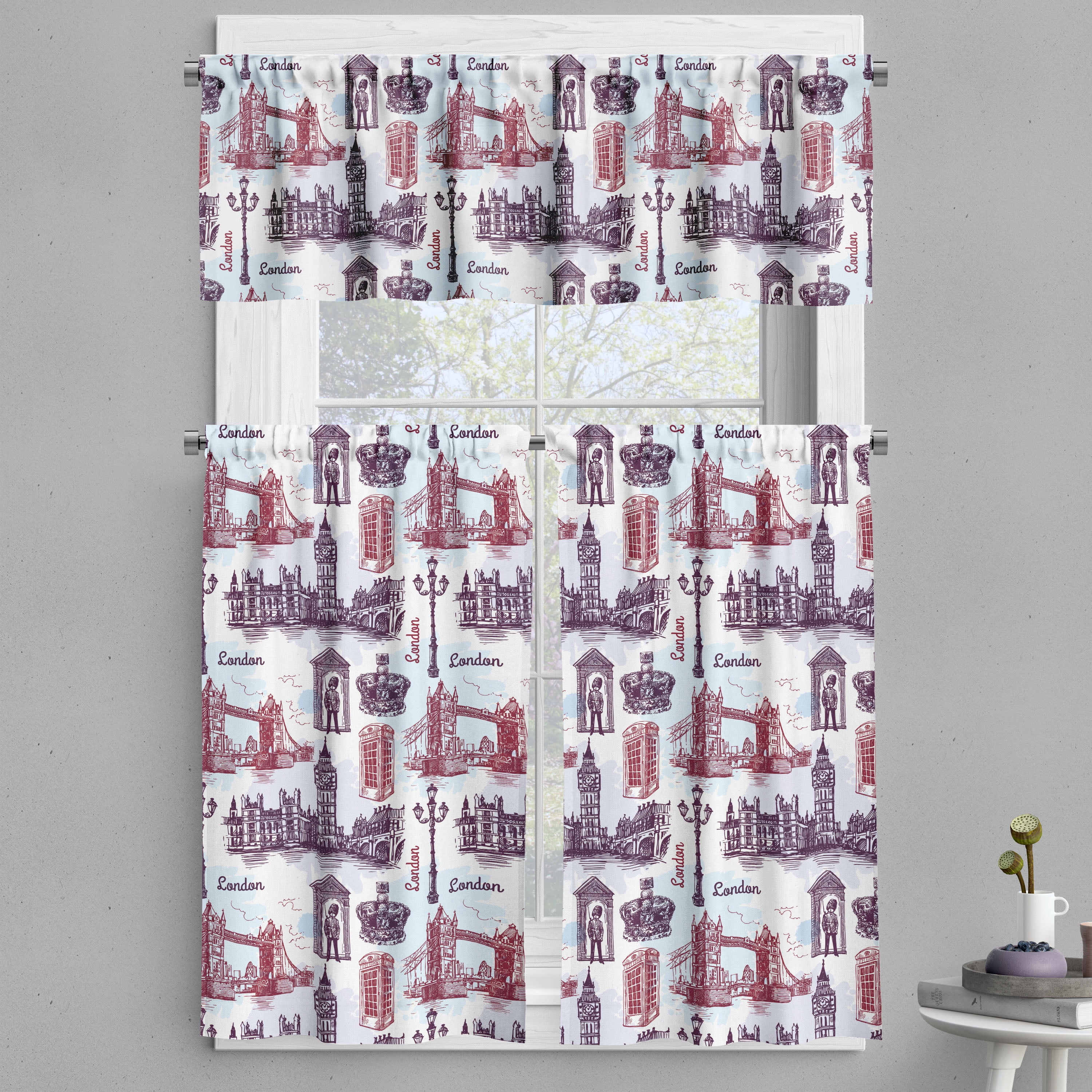 Ambesonne London Valance & Curtain, City Landmarks Sketch, 55"x45 ...