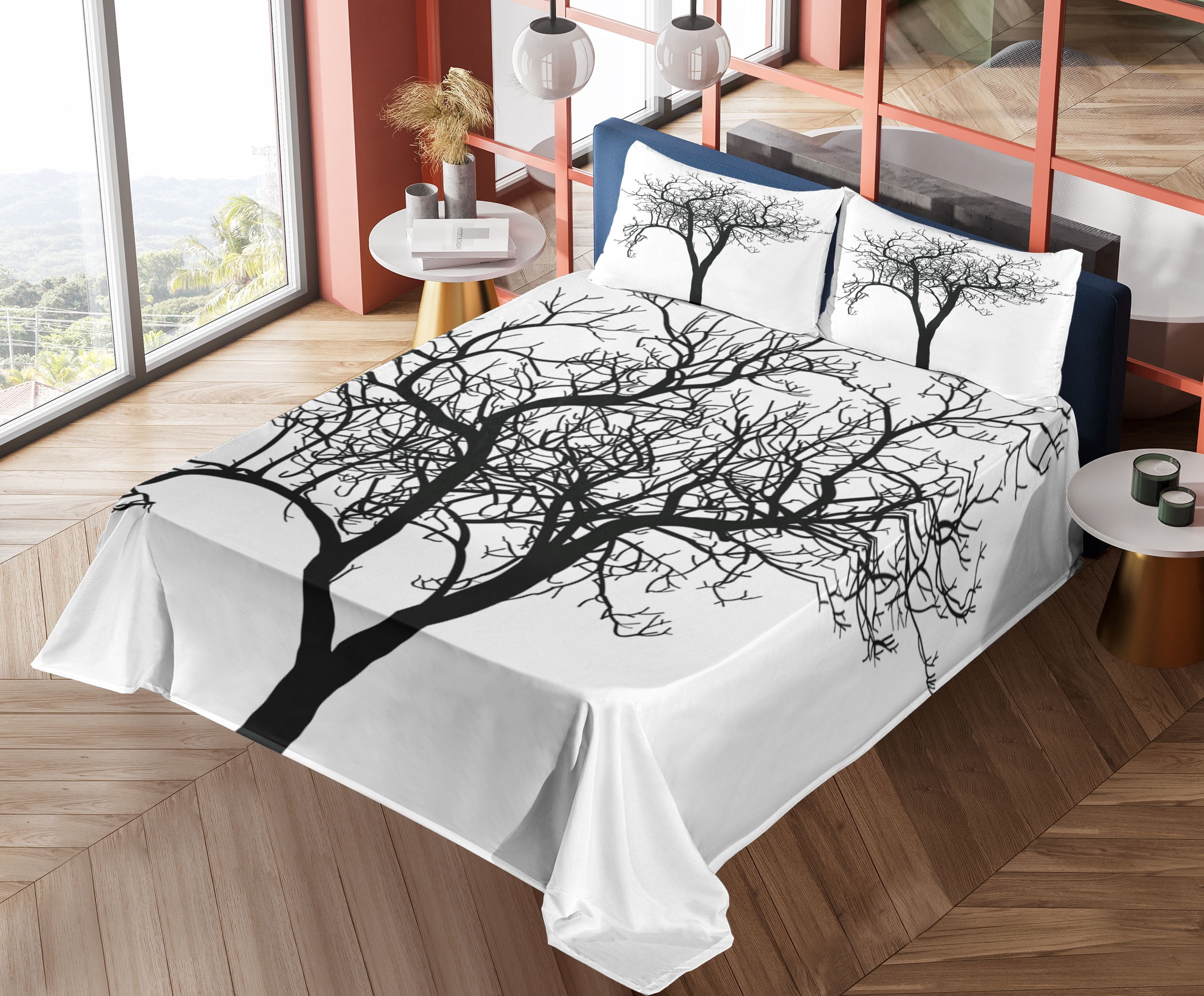 Ambesonne Lonely Tree Fitted & Top Sheet Set with Shams, Barren Branch ...