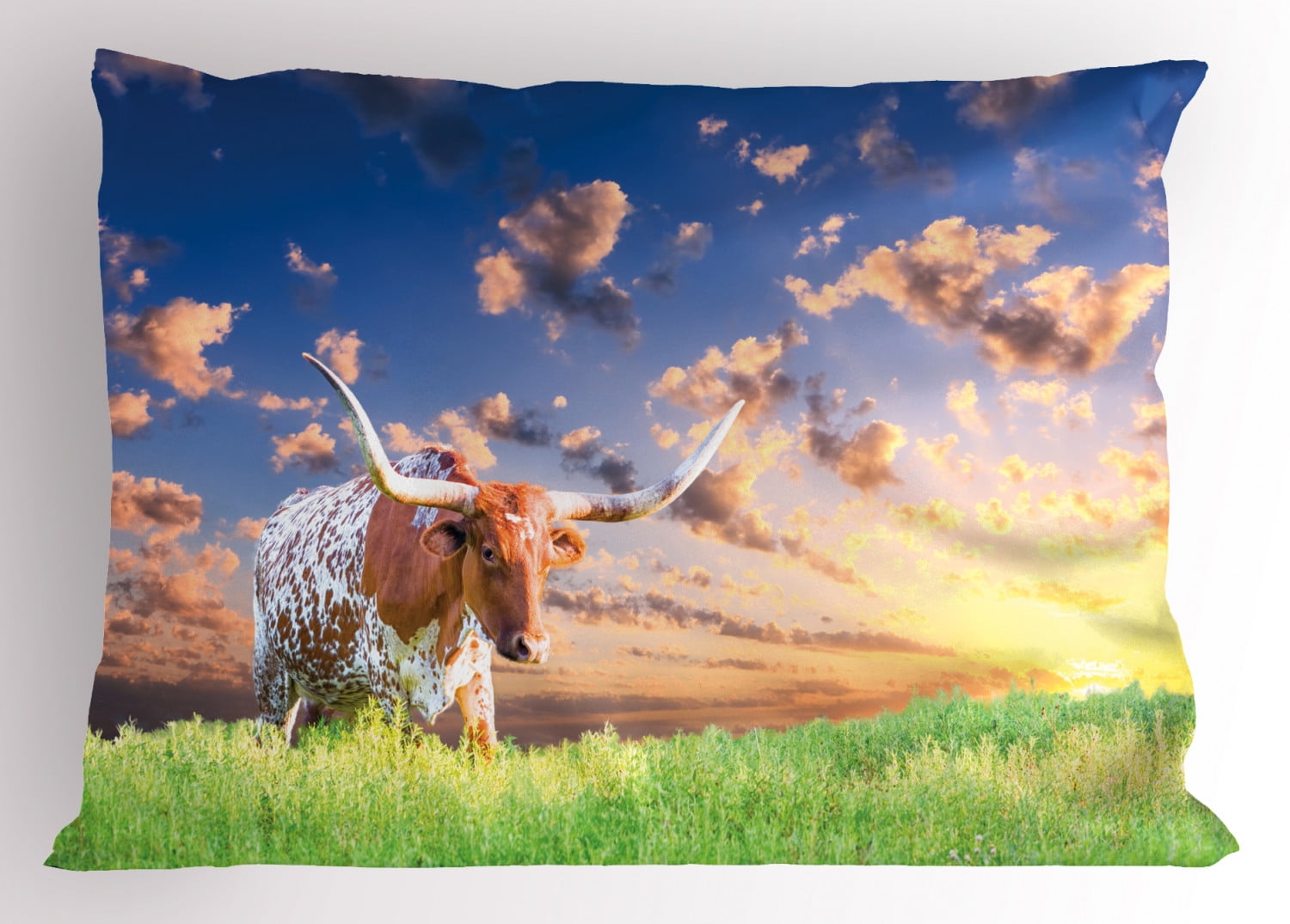 Ambesonne Longhorn Pillow Sham, Female Cow in Pasture Sky, 36" X 20 ...