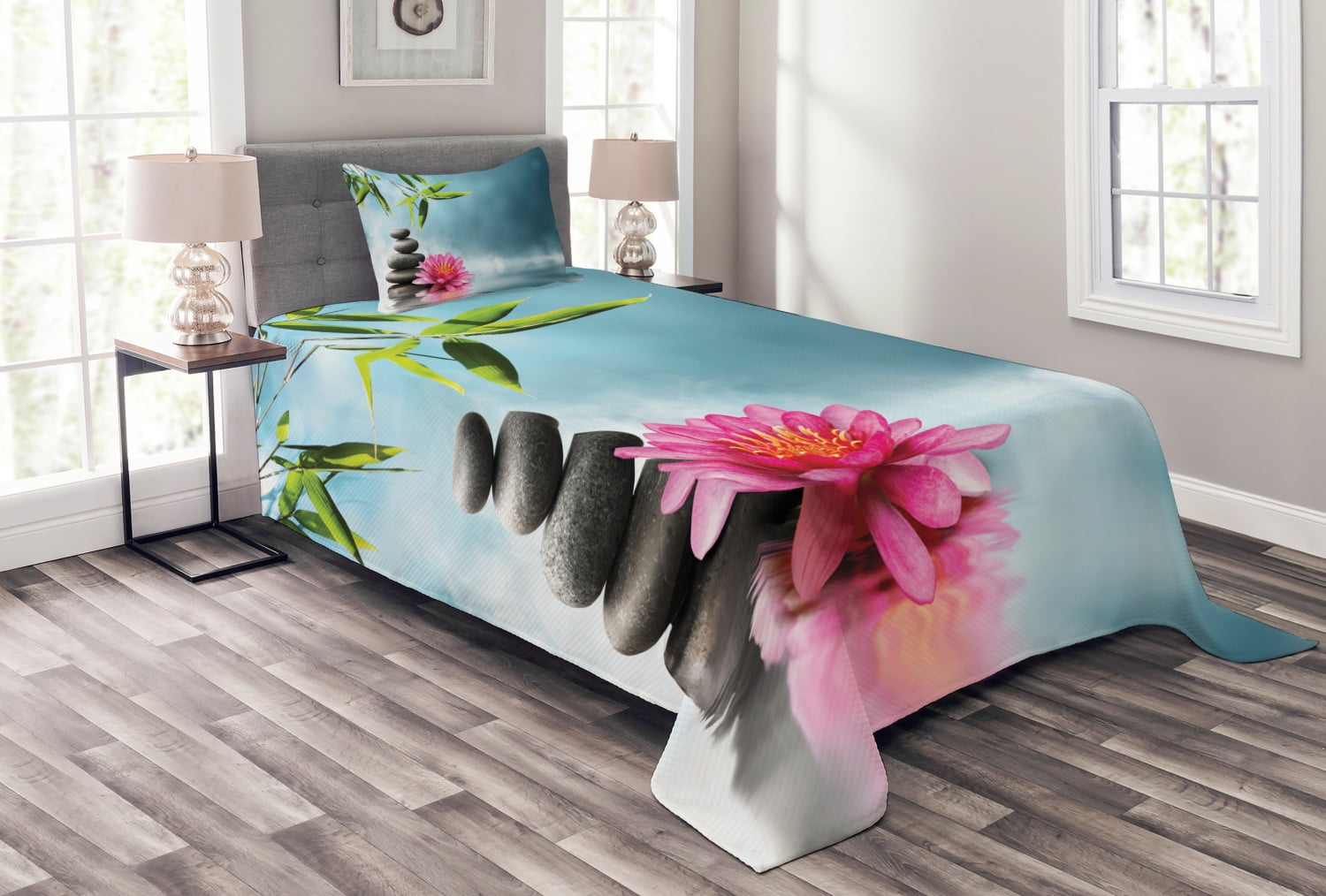 Ambesonne Lotus Flower Quilted Bedspread Set 2 Pcs, Spa Theme Rocks ...