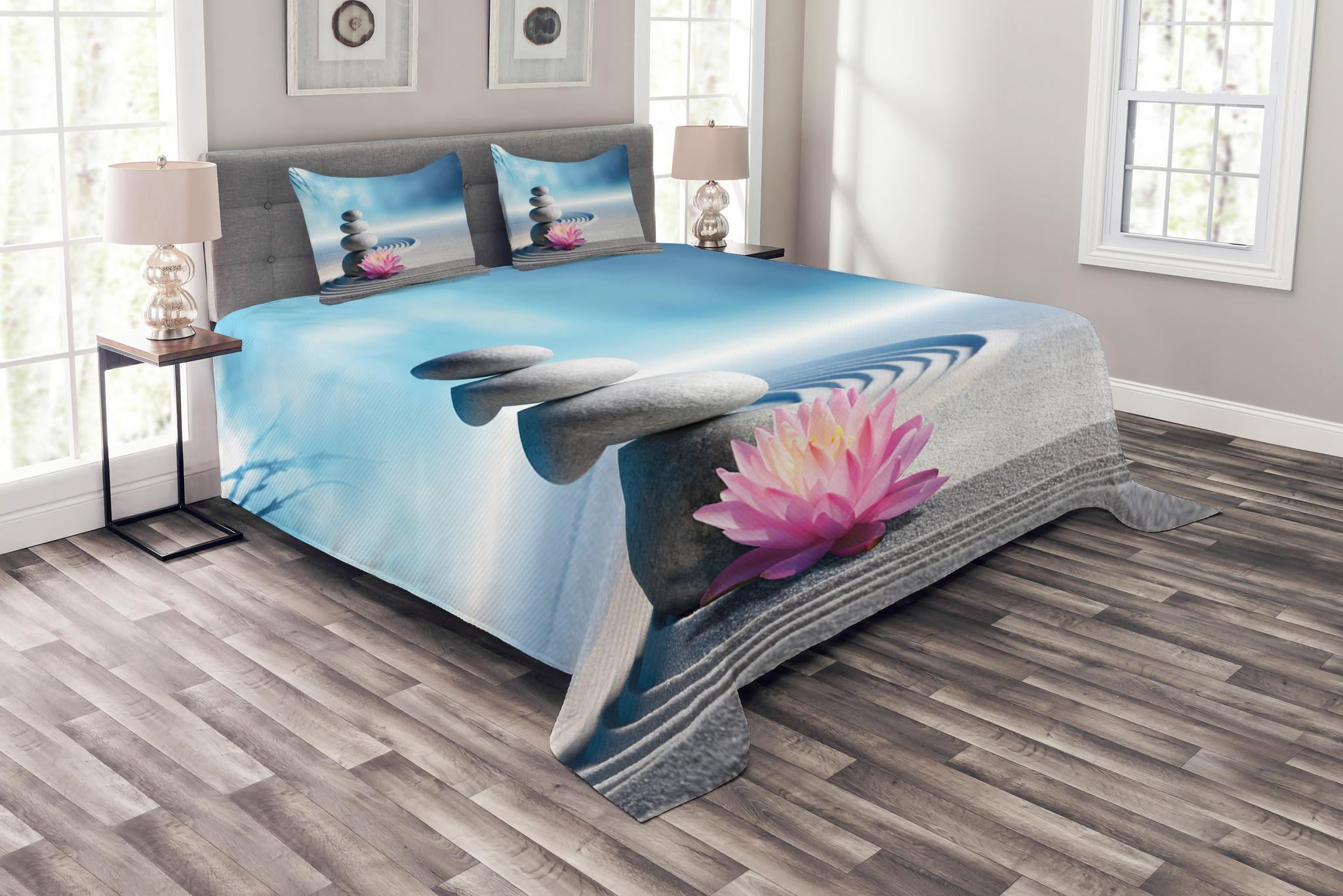 Ambesonne Lotus Flower Quilted Bedspread Set 3 Pcs, Harmony, Queen Size ...