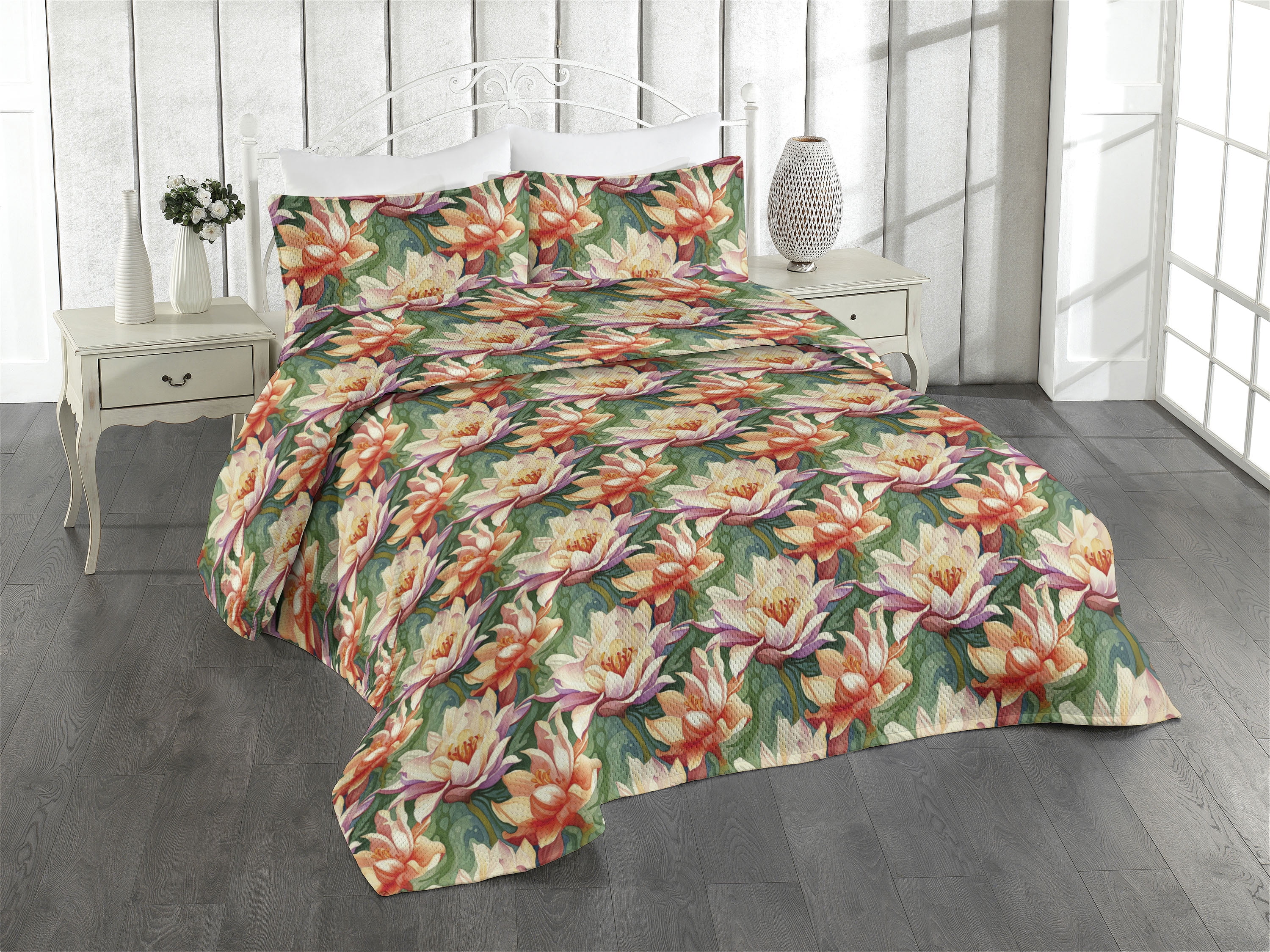 Ambesonne Lotus Flower Quilted Bedspread Set 3 Pcs, Water Lily Bloom ...