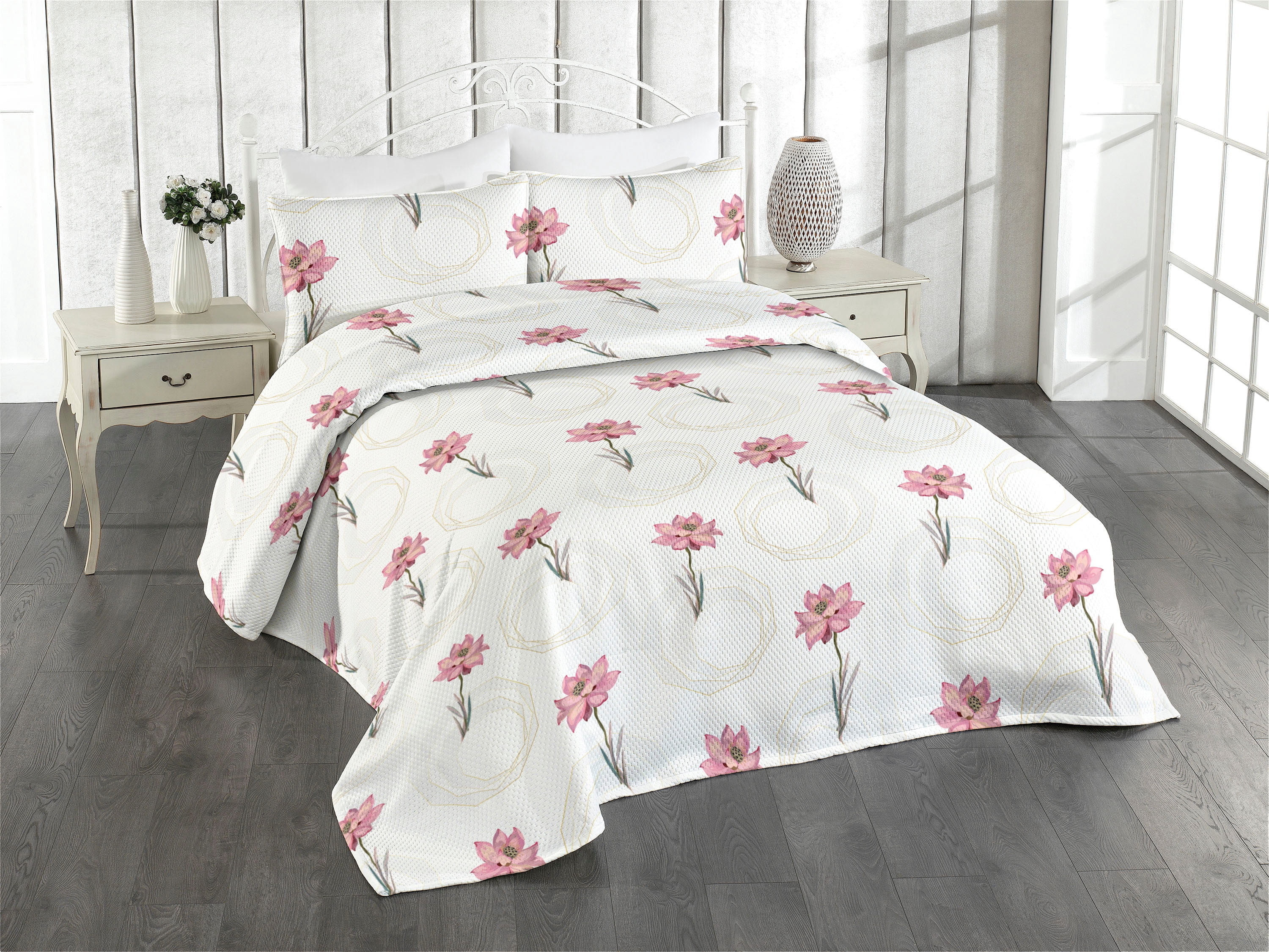 Ambesonne Lotus Flowers Quilted Bedspread Set 3 Pcs, Art of Modern ...