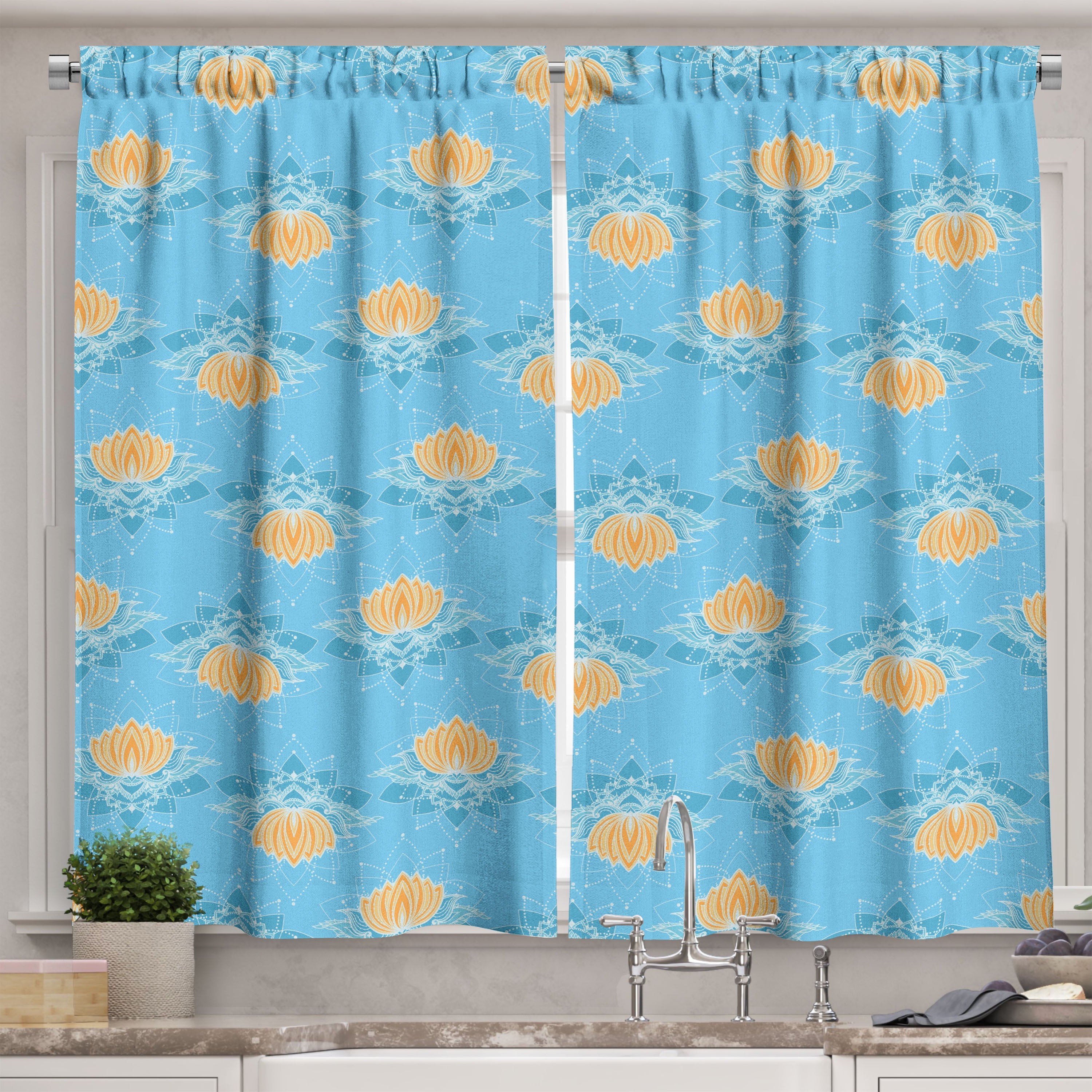 Ambesonne Lotus Kitchen Curtains, Japanese Themed Flora, 55"x39 ...