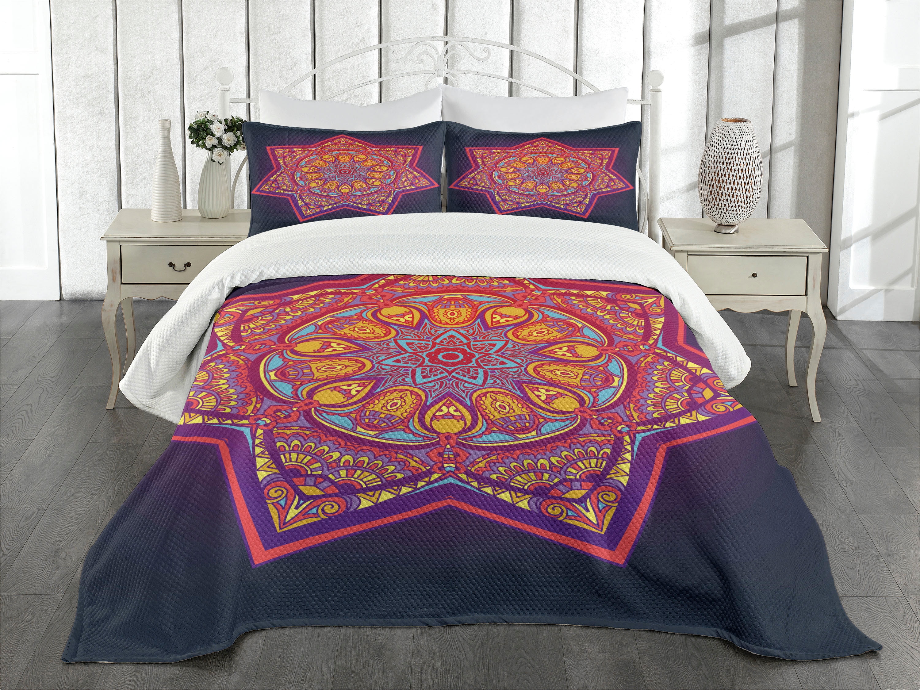 Ambesonne Lotus Quilted Bedspread Set 3 Pcs, Geometric Tibetan Mandala ...