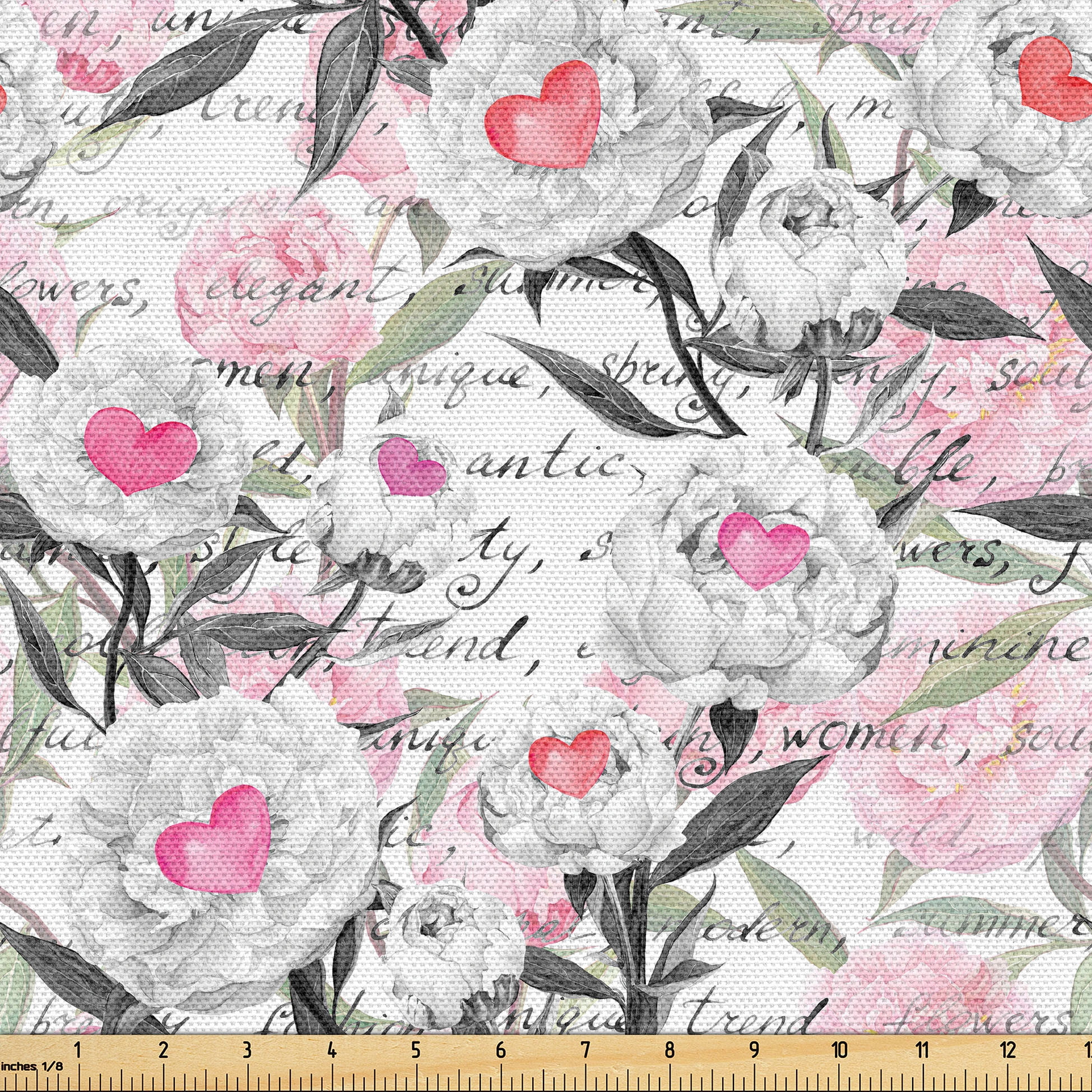 Ambesonne Love Fabric by the Yard Upholstery, Peonies Hearts Romantic ...