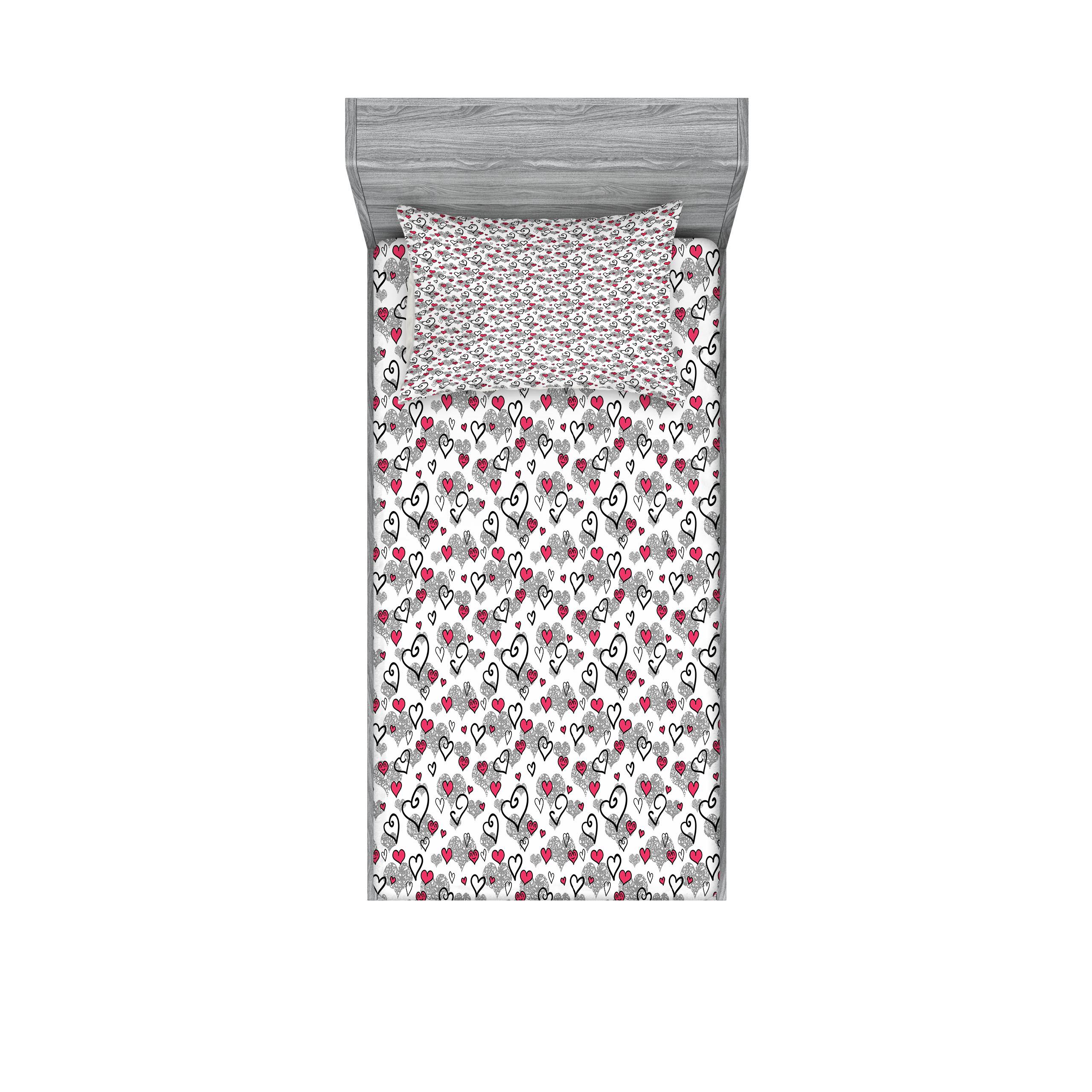 Ambesonne Love Fitted Sheet & Pillow Sham Set, Valentine's Day Hearts ...