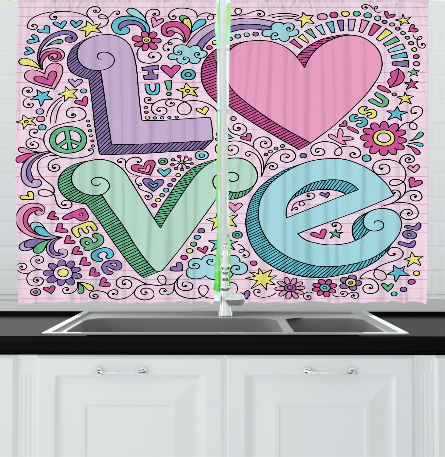 Ambesonne Love Kitchen Curtains, 3D Lettering Groovy, 55"x39 ...